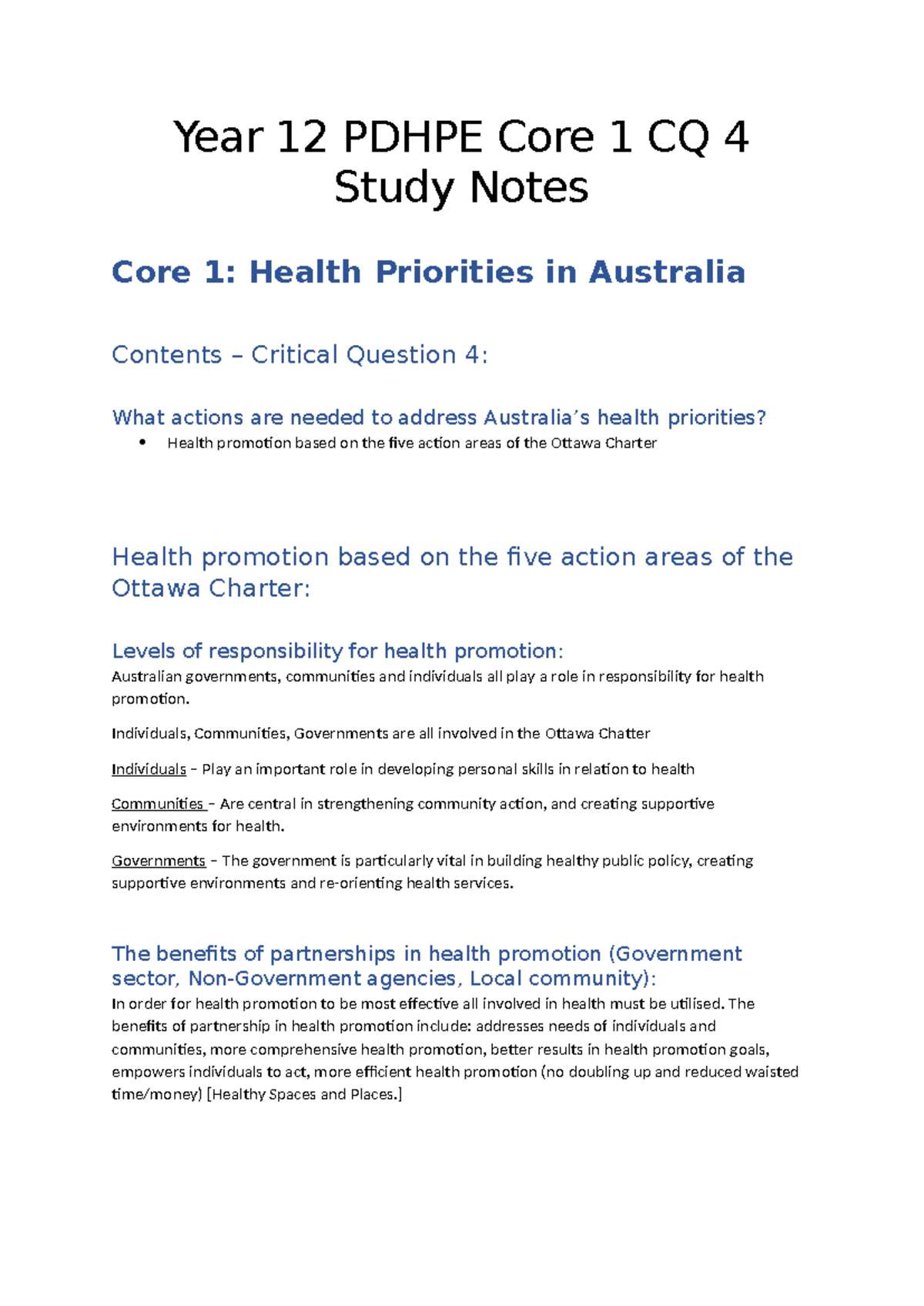 Year 12 PDHPE Core 1 CQ 4 Study Notes: Health Priorities in Australia ...