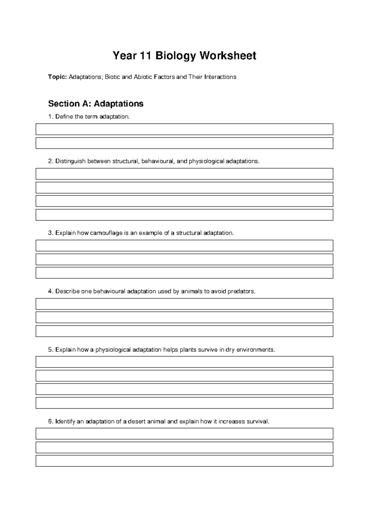 Year 11 Biology Worksheet: Biotic & Abiotic Factors Interactions - Studocu