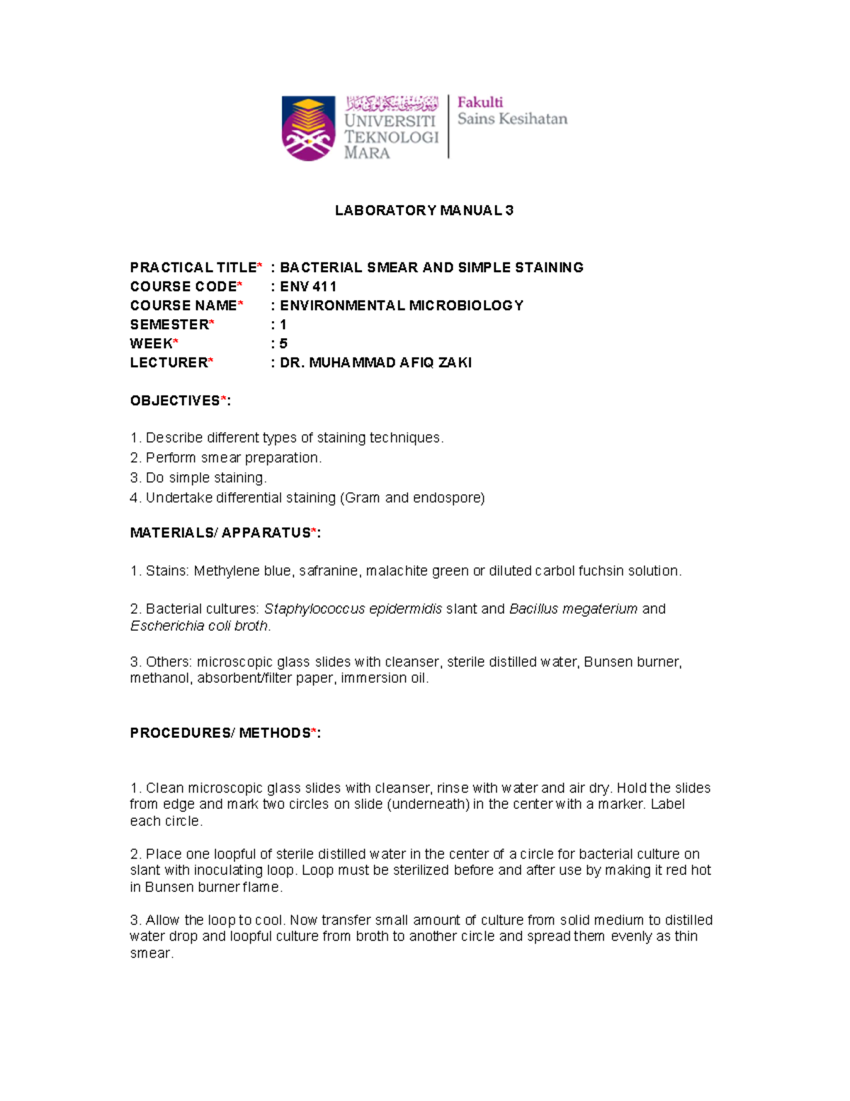 Lab Manual 3 & 4: Bacterial Smear & Simple Staining - ENV411 - Studocu
