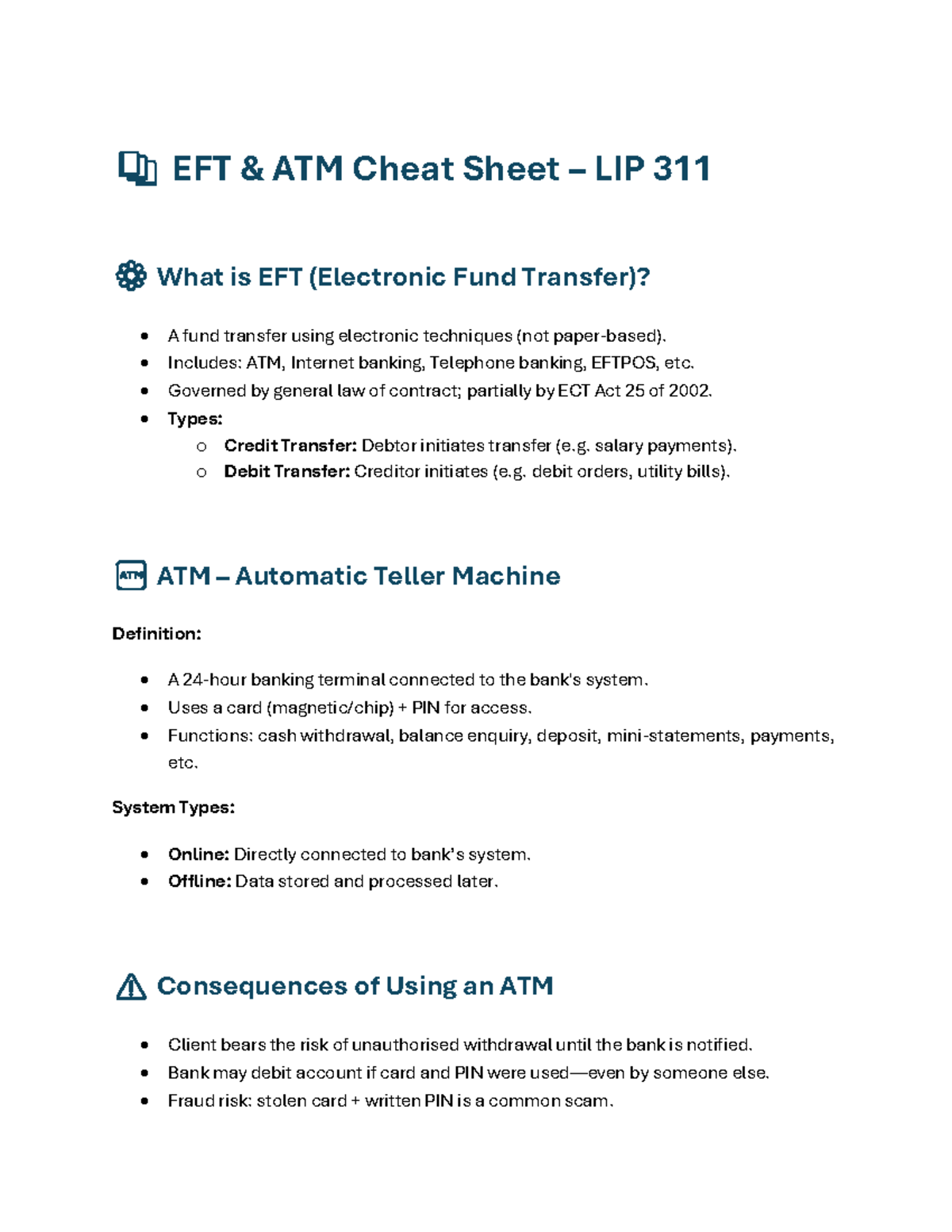 EFT & ATM Overview Cheat Sheet LIP 311: Key Concepts & Risks - Studocu