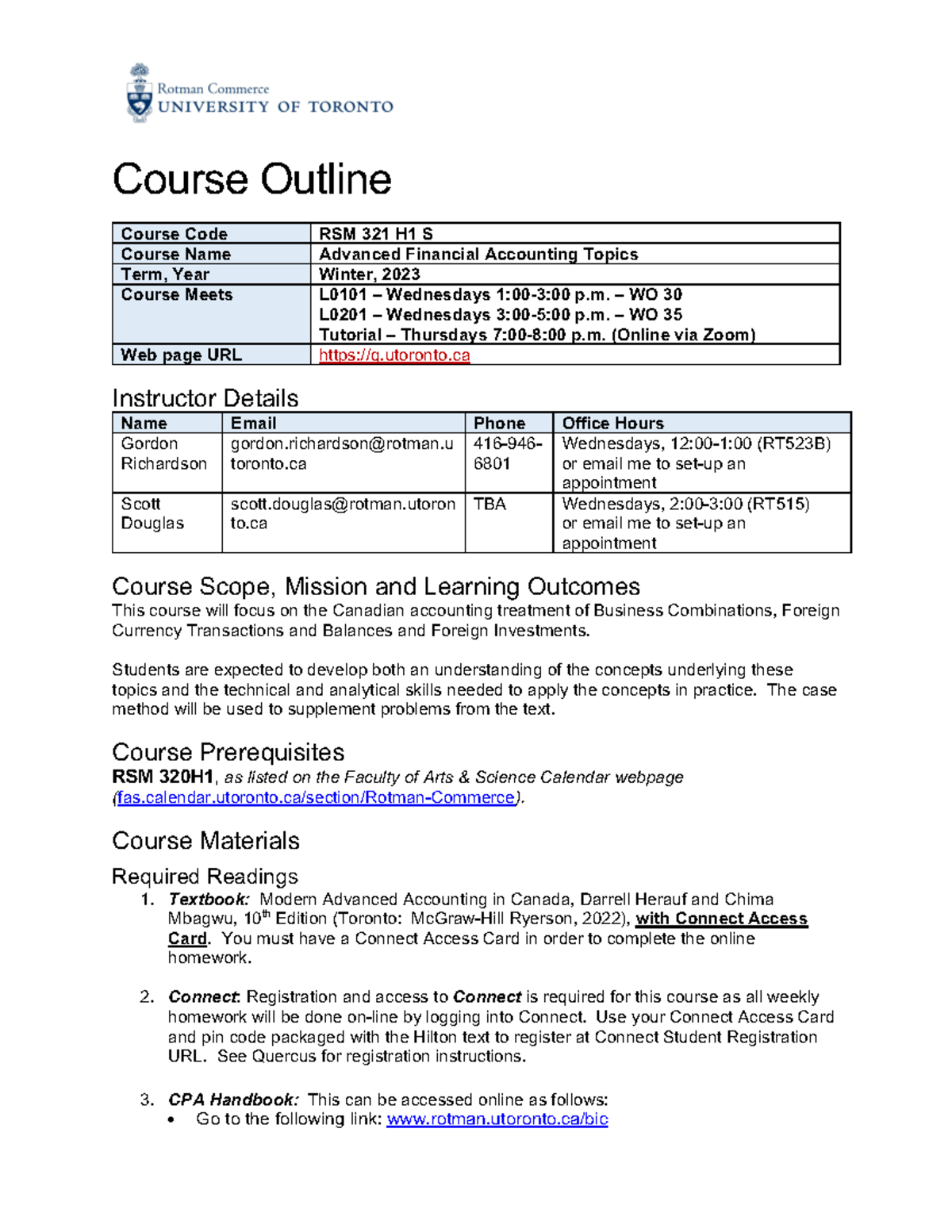 RSM 321 H1 S: Advanced Financial Accounting Course Syllabus 2023 - Studocu