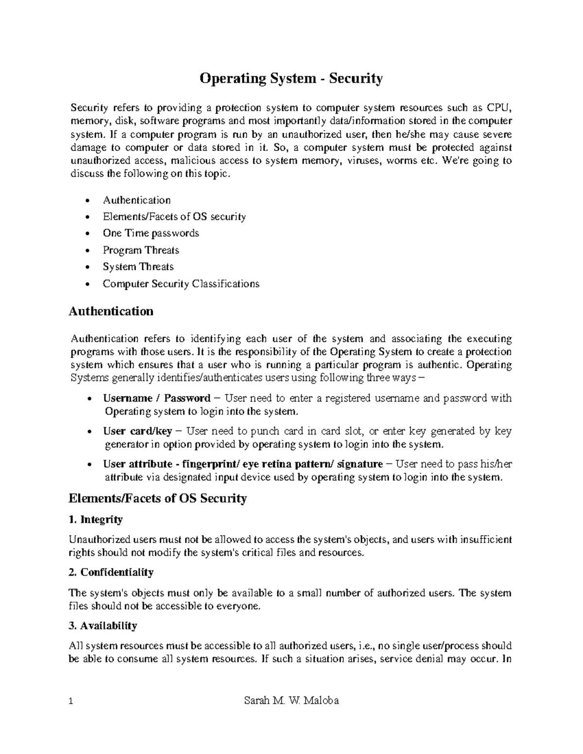 Security - ........ - Operating System - Security Security refers to ...