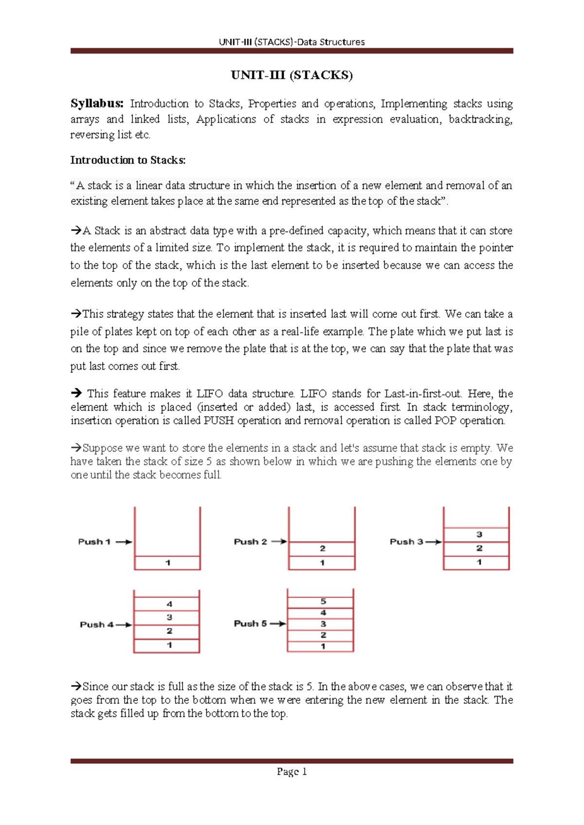 UNIT-3 (STACKS) - Comprehensive Notes on Stack Operations and ...