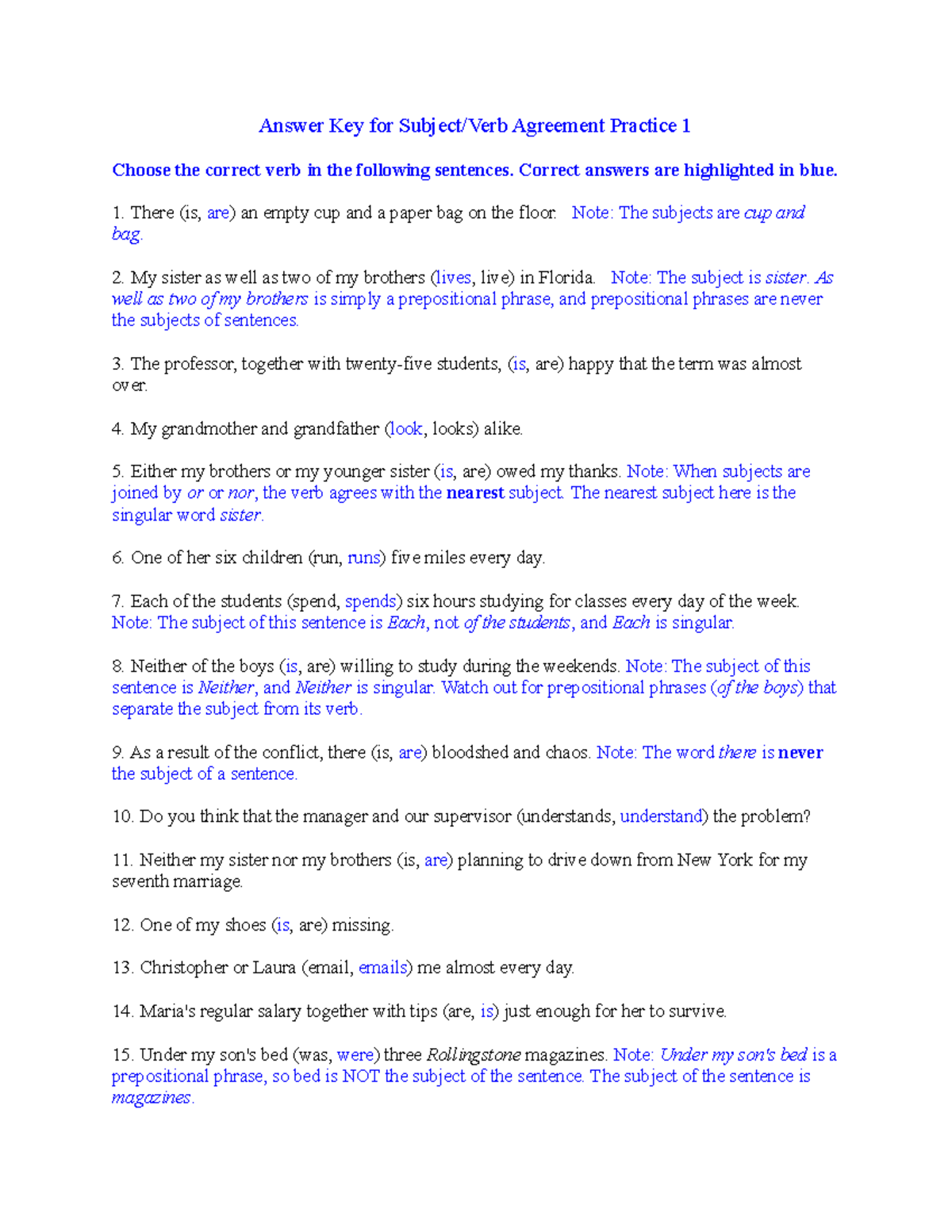 Subject-Verb Agreement Practice 1: Answer Key & Explanations - Studocu