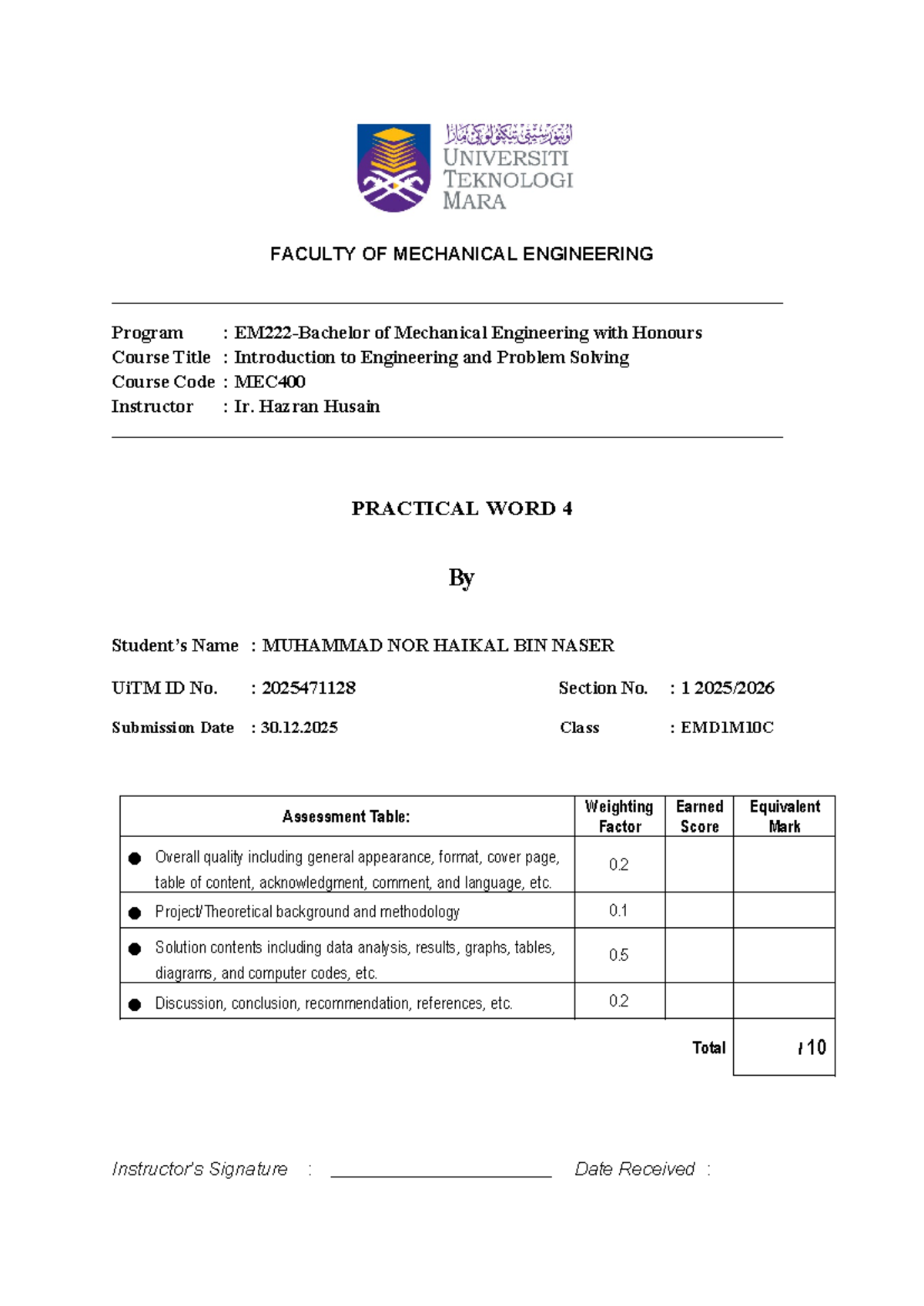 MEC400 Practical Work 4: Optimization of Chemical Storage Tank Design ...
