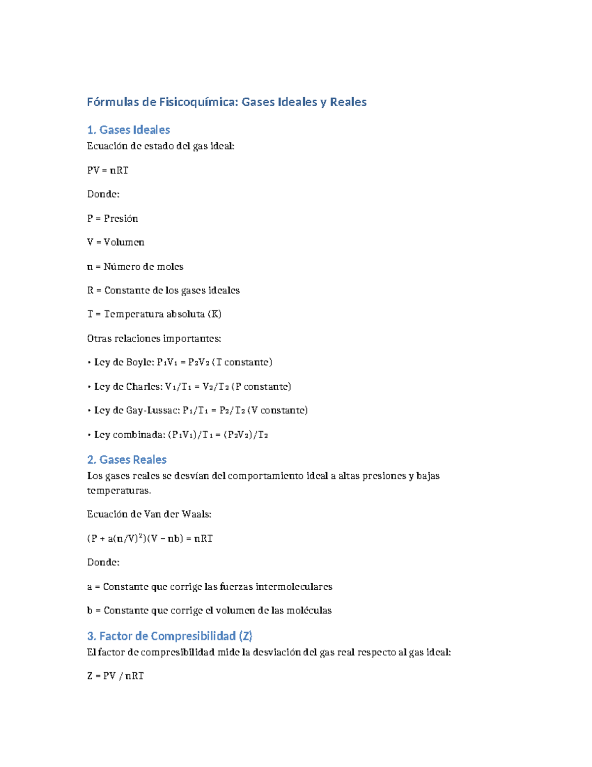 Fórmulas de Fisicoquímica: Gases Ideales y Reales - Studocu