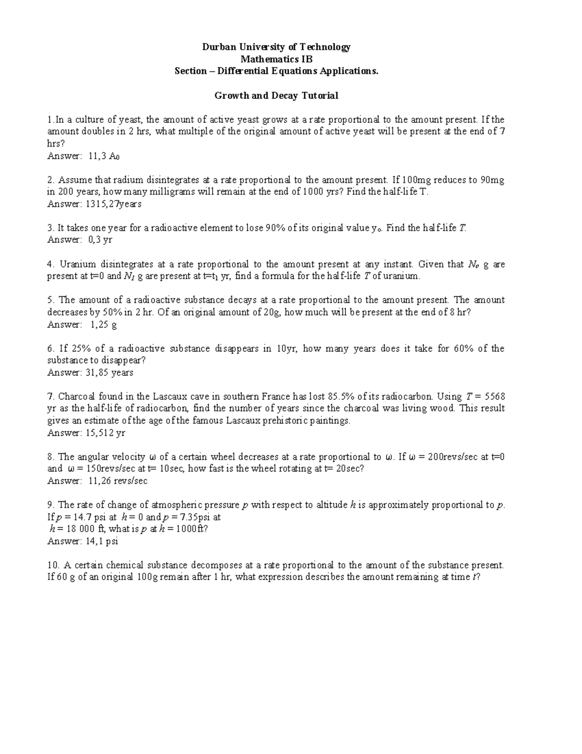 Maths 1B: Growth and Decay Applications Tutorial - Studocu