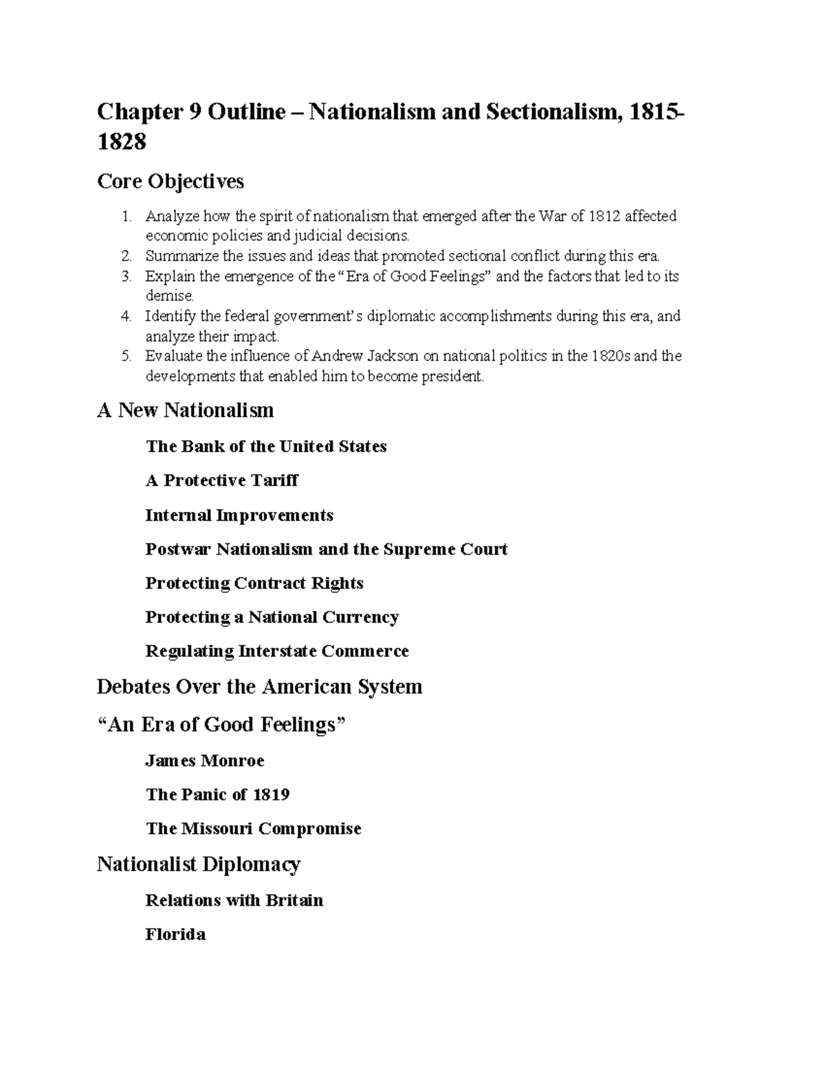 Chapter 9 Outline: Nationalism & Sectionalism (1815-1828) Highlights ...