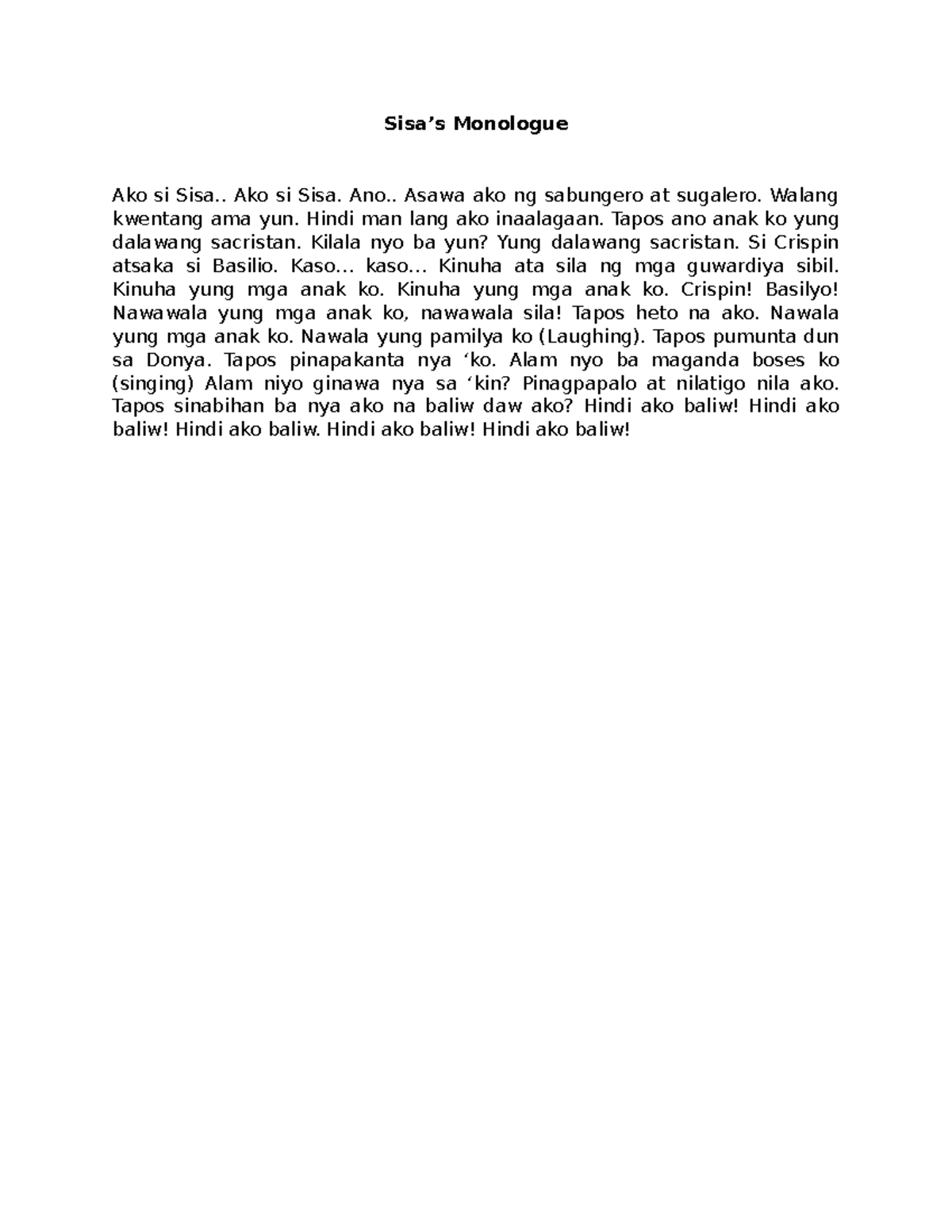 SISA Monologue Script Analysis - Character Emotions & Struggles - Studocu