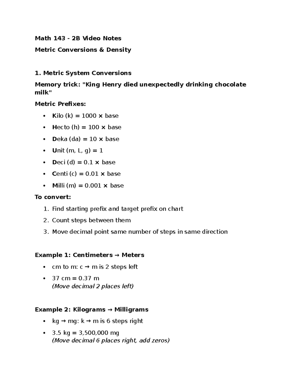 Math 143 2B Video Notes: Metric Conversions & Density Calculations ...