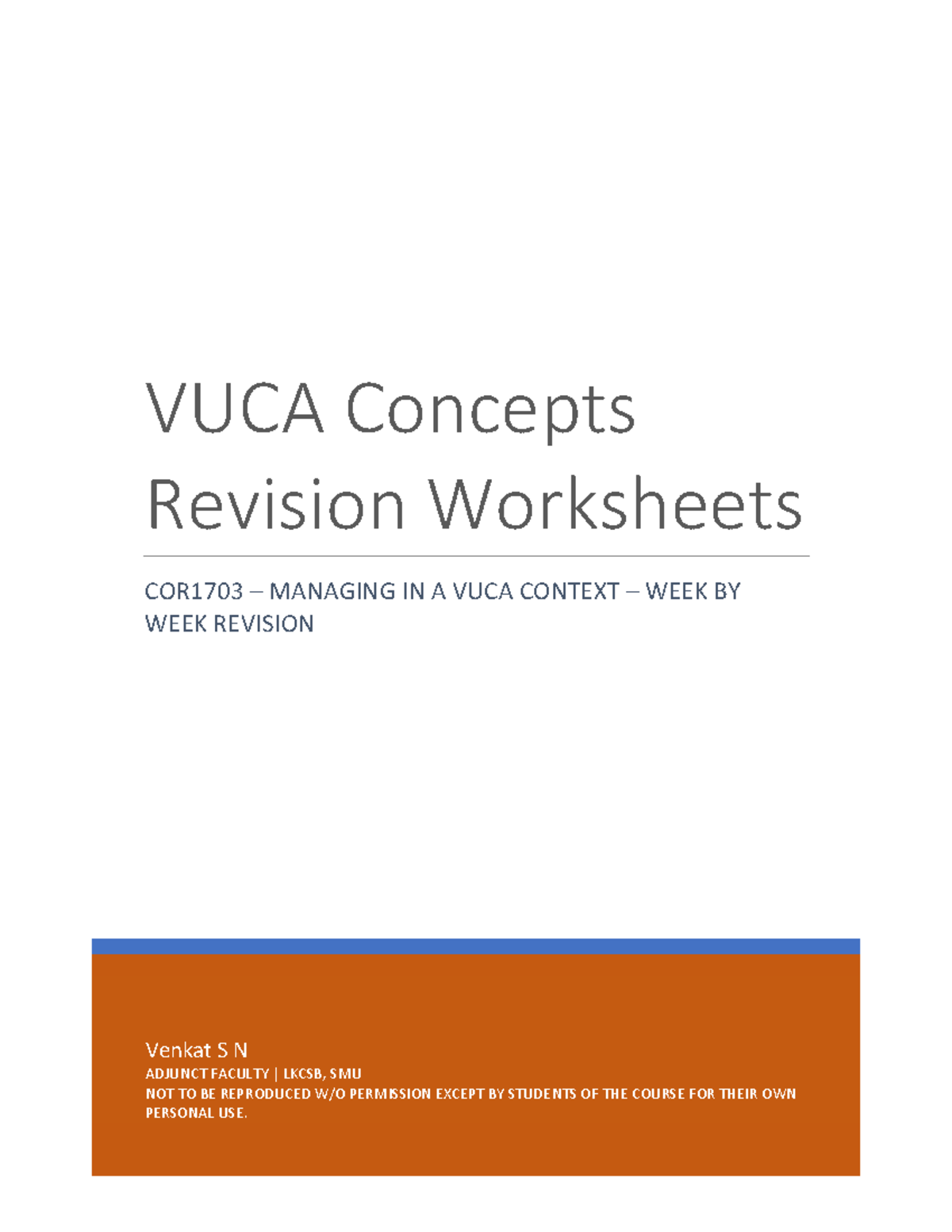 VUCA Concepts Revision Worksheets COR1703: Week-by-Week Overview - Studocu