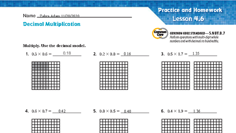 Gomath Lesson 4.6: Decimal Multiplication Practice & Homework - Studocu