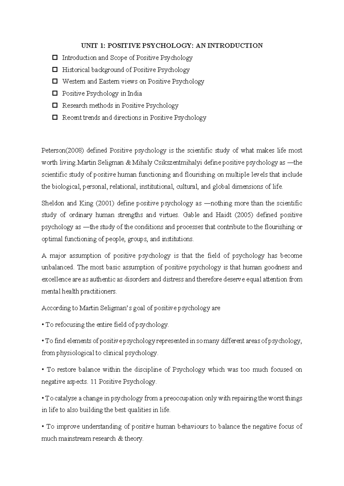 UNIT 1: Introduction to Positive Psychology (PSY 101) - Studocu