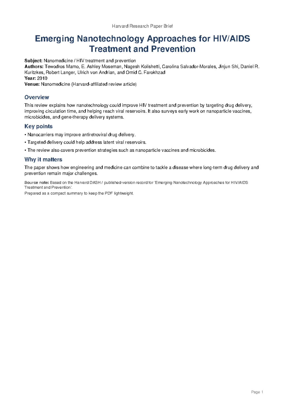 Harvard Research Paper: Nanotech Approaches for HIV Treatment ...