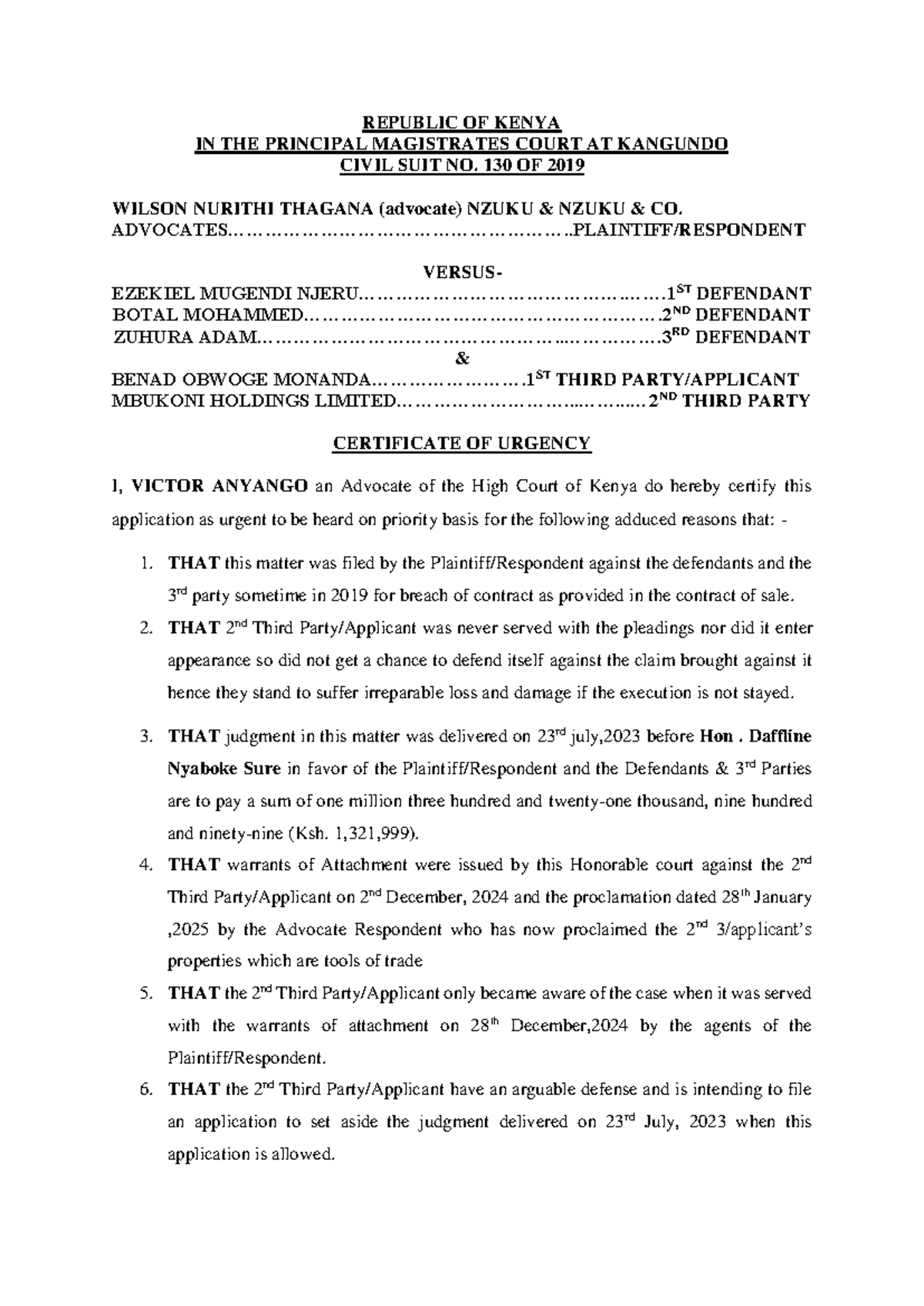 Mbukoni Application FOR STAY OF Execution filing kangundo - REPUBLIC OF ...