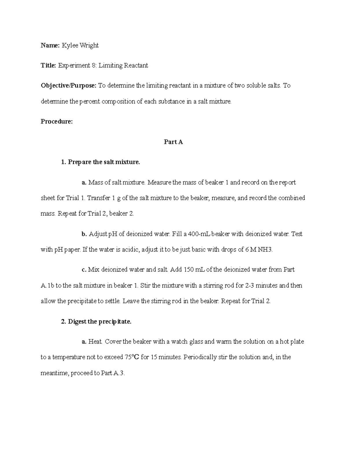 Experiment 8: Limiting Reactant Pre-Lab Q's & Procedure Guide - Studocu