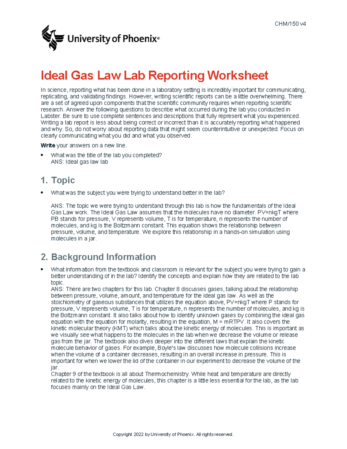 CHM/150 v4 Week 7 Ideal Gas Law Lab Report Observations and Insights ...
