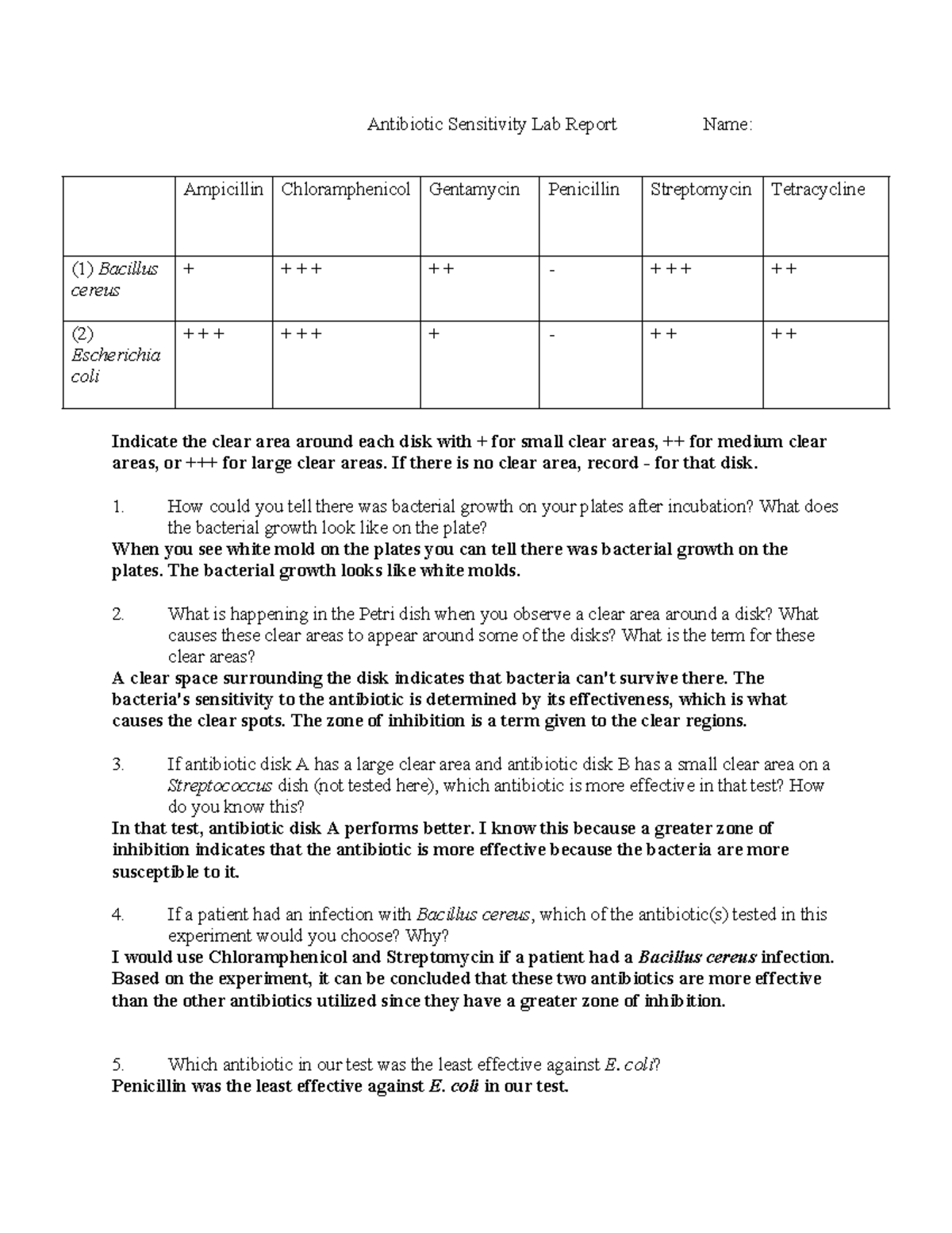 Antibiotic Sensitivity Lab Report (Biology 101) Analysis and Results ...