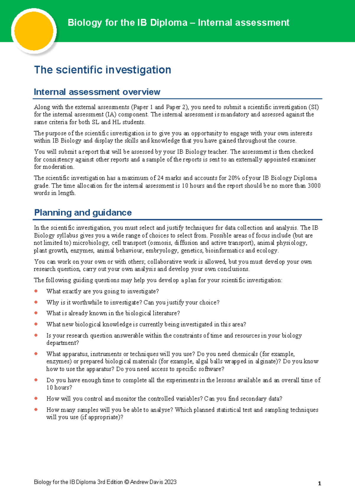 IB Biology 3rd Edition: Internal Assessment Guide and Overview - Studocu