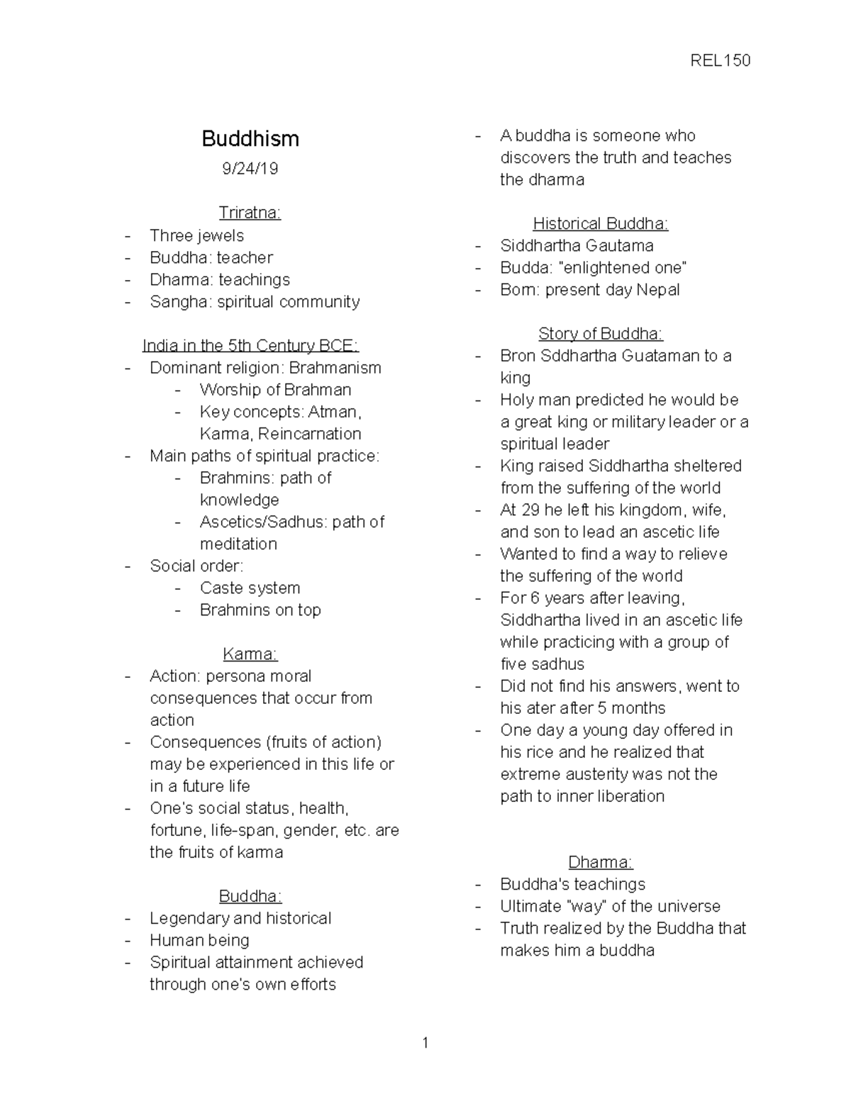 REL150 - Buddhism Lecture Notes by Professor Pettit: Key Concepts - Studocu