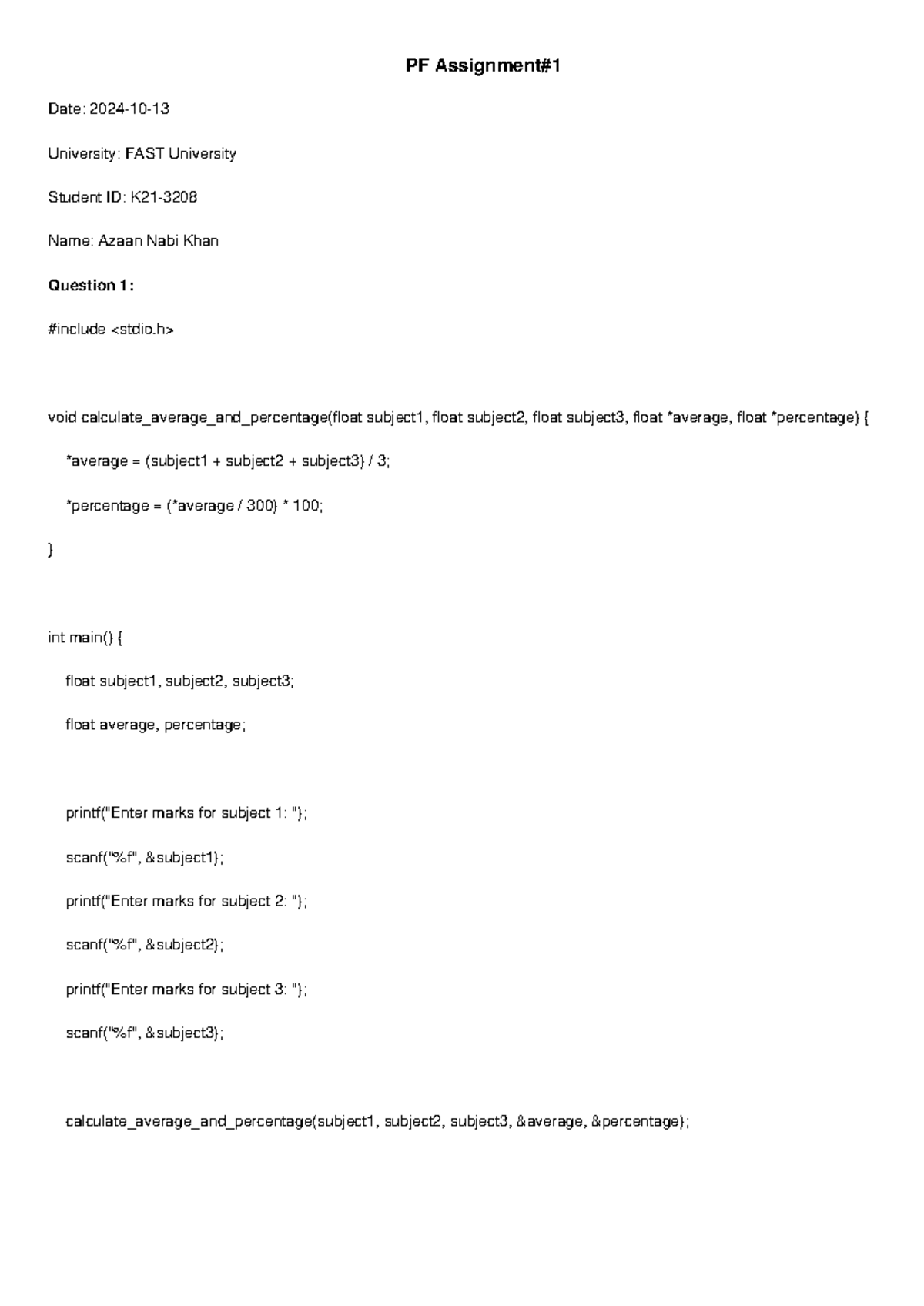 PF Assignment 1: Programming Fundamentals Tasks and Solutions - Studocu