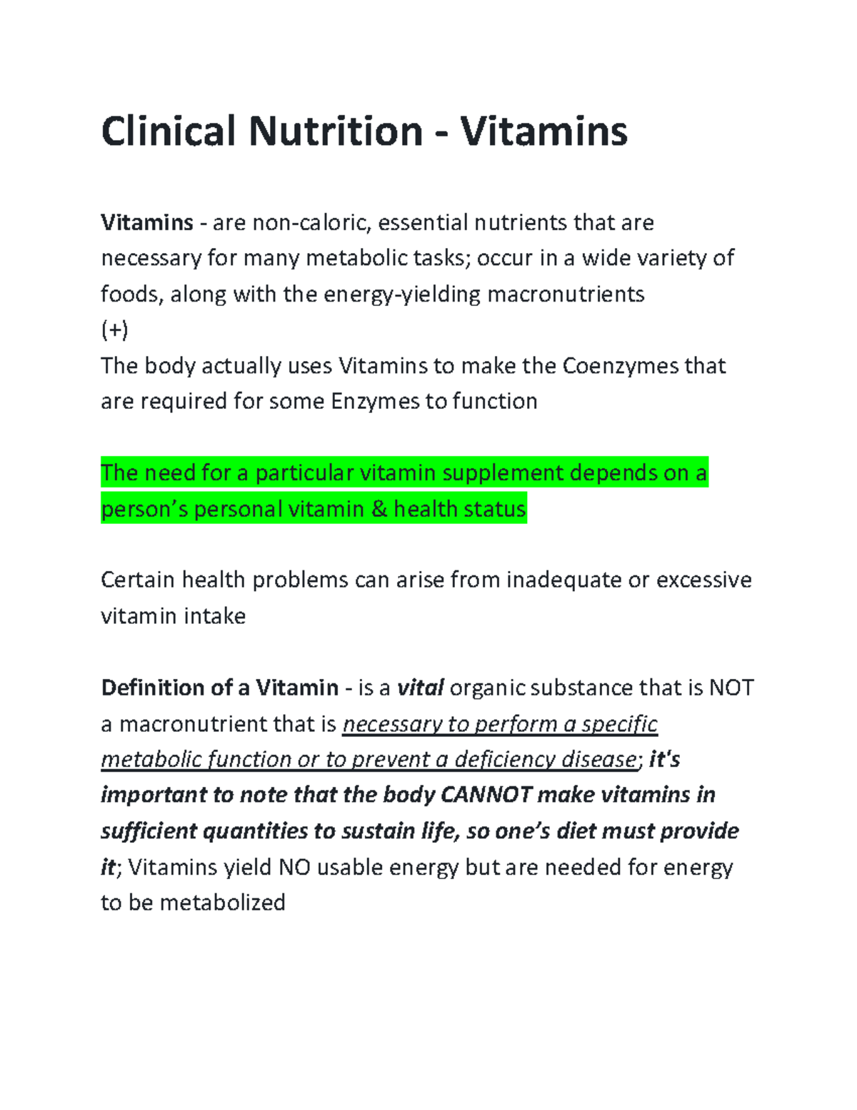 Clinical Nutrition (NUTR 101) - Essential Vitamins Overview - Studocu