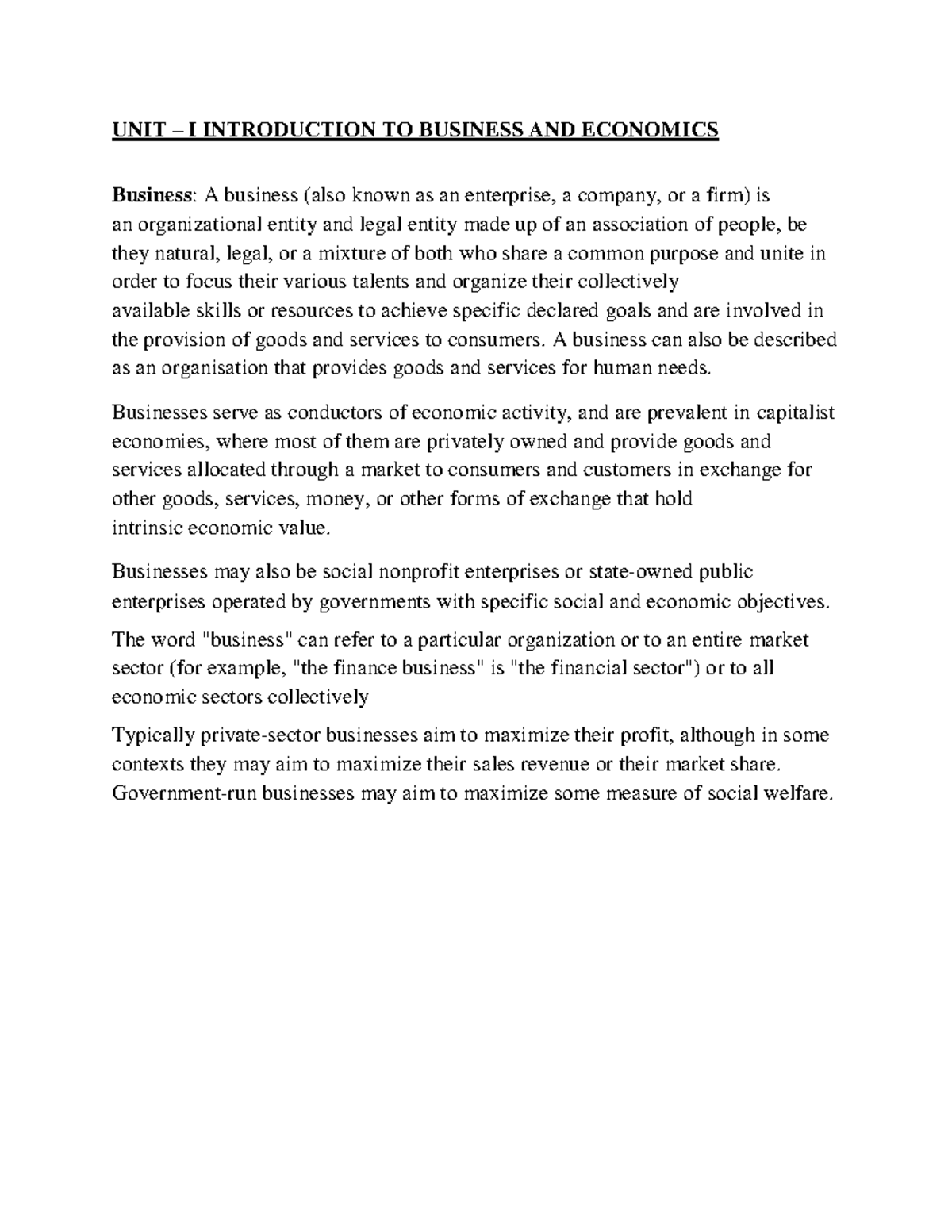 Befa 1 - Introduction to Business & Economics Concepts - Studocu