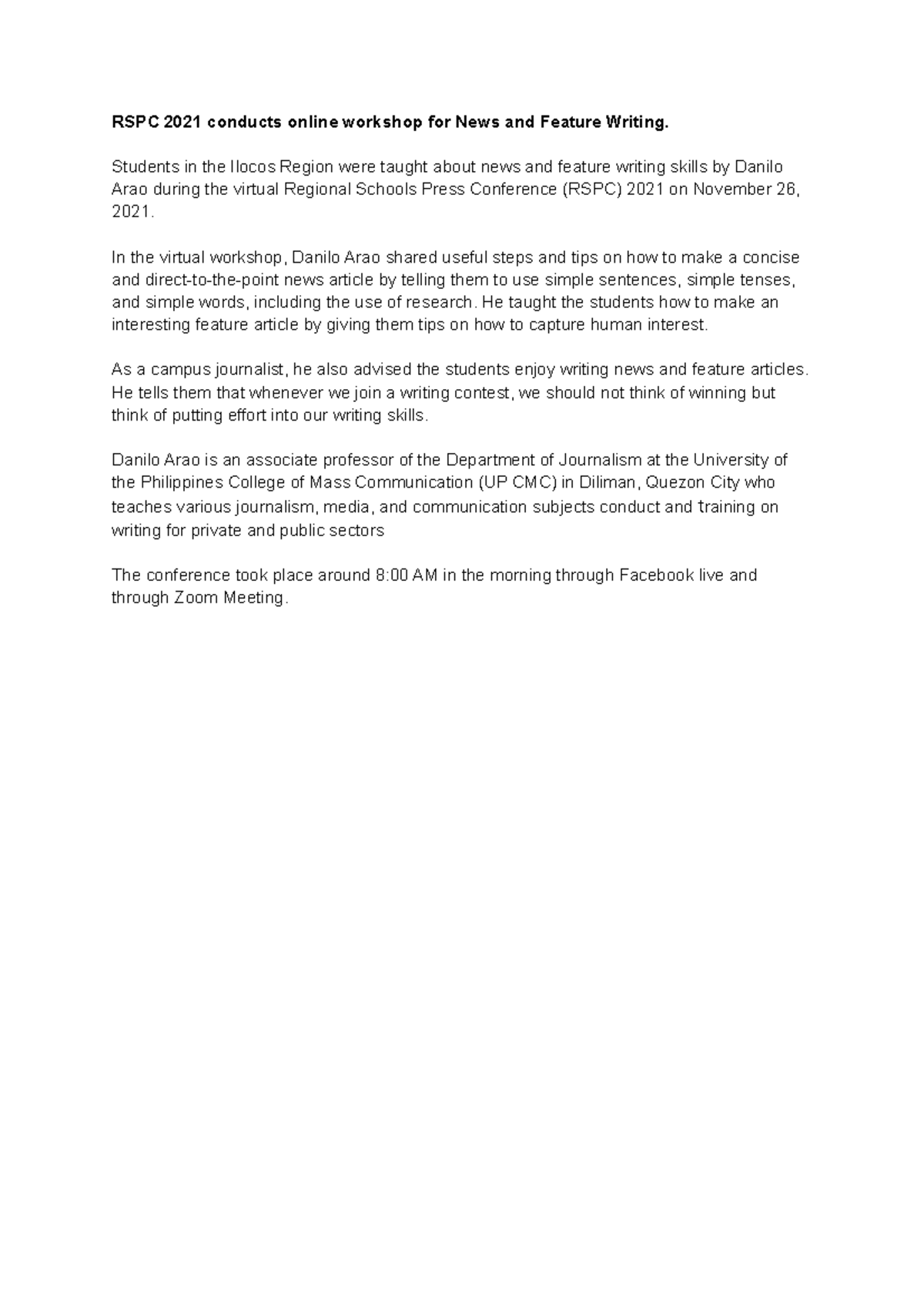 NEWS Writing- Quilaton, Alyssa C - RSPC 2021 conducts online workshop ...
