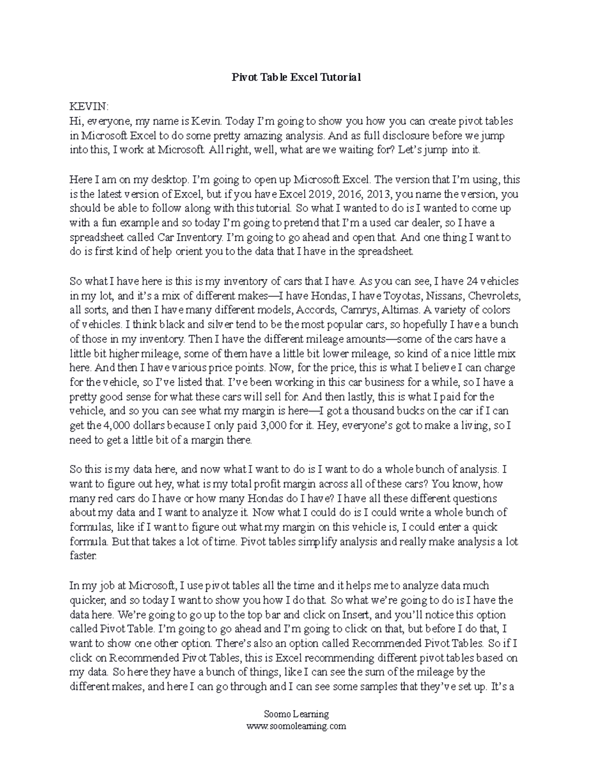 Pivot Table Excel Tutorial transcript - Pivot Table Excel Tutorial ...