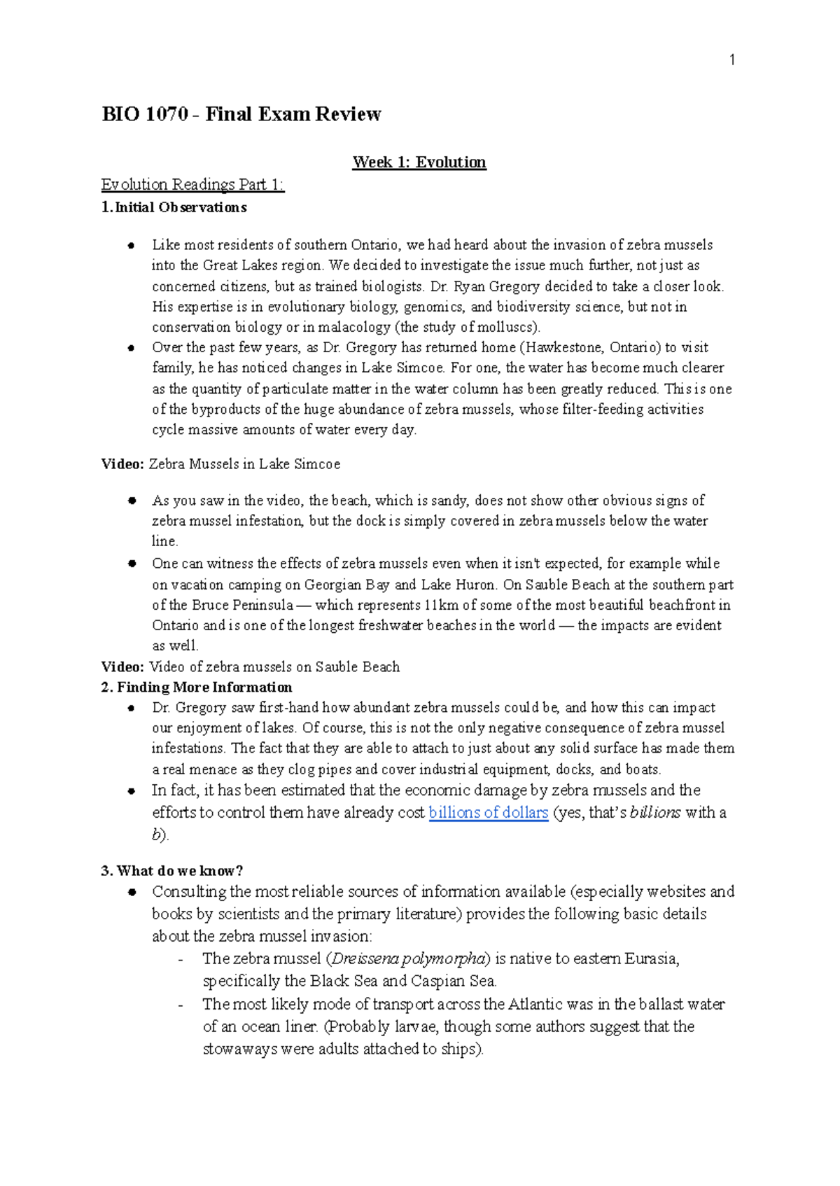 BIO 1070 Final Exam Review: Evolution and Zebra Mussel Impact - Studocu