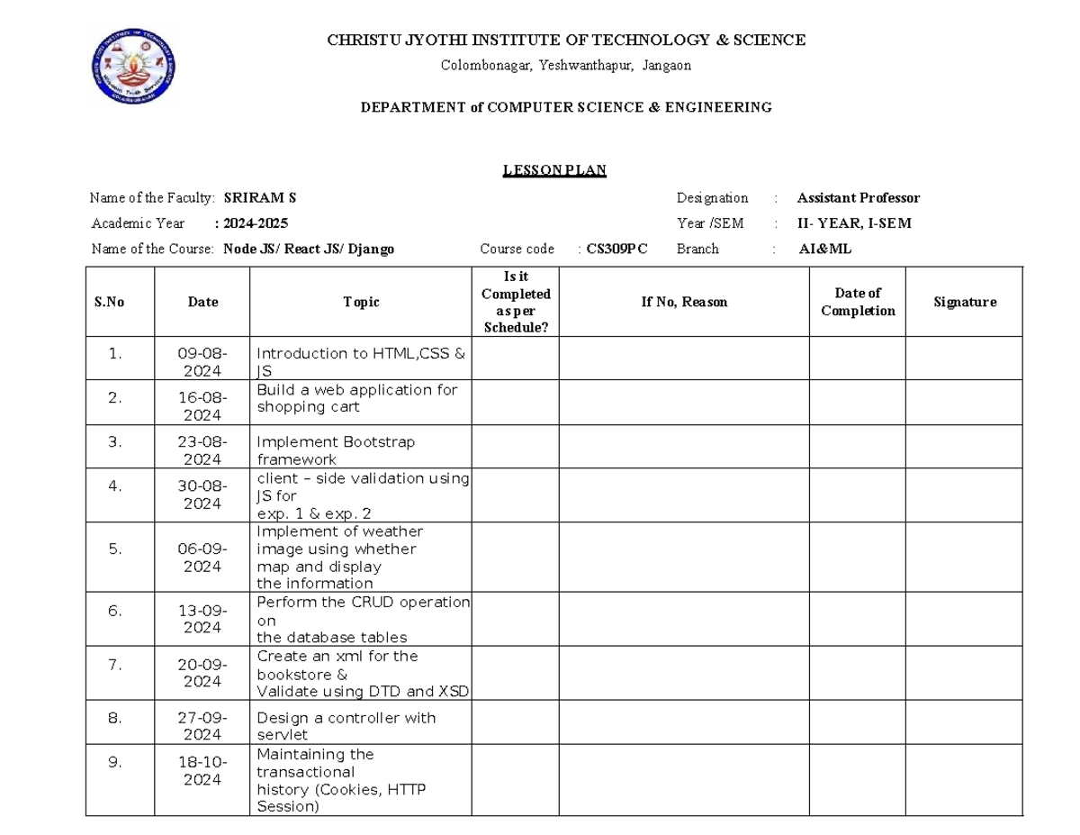 Javascript LAB Lesson Plan AI&ML - CHRISTU JYOTHI INSTITUTE OF TECHNOLOGY & SCIENCE - Studocu