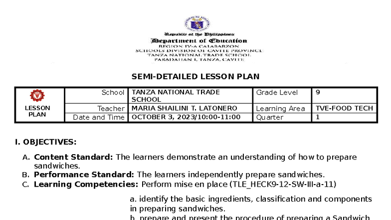 COT 1 Detailed Lesson Plan: Preparing a Variety of Sandwiches - Studocu