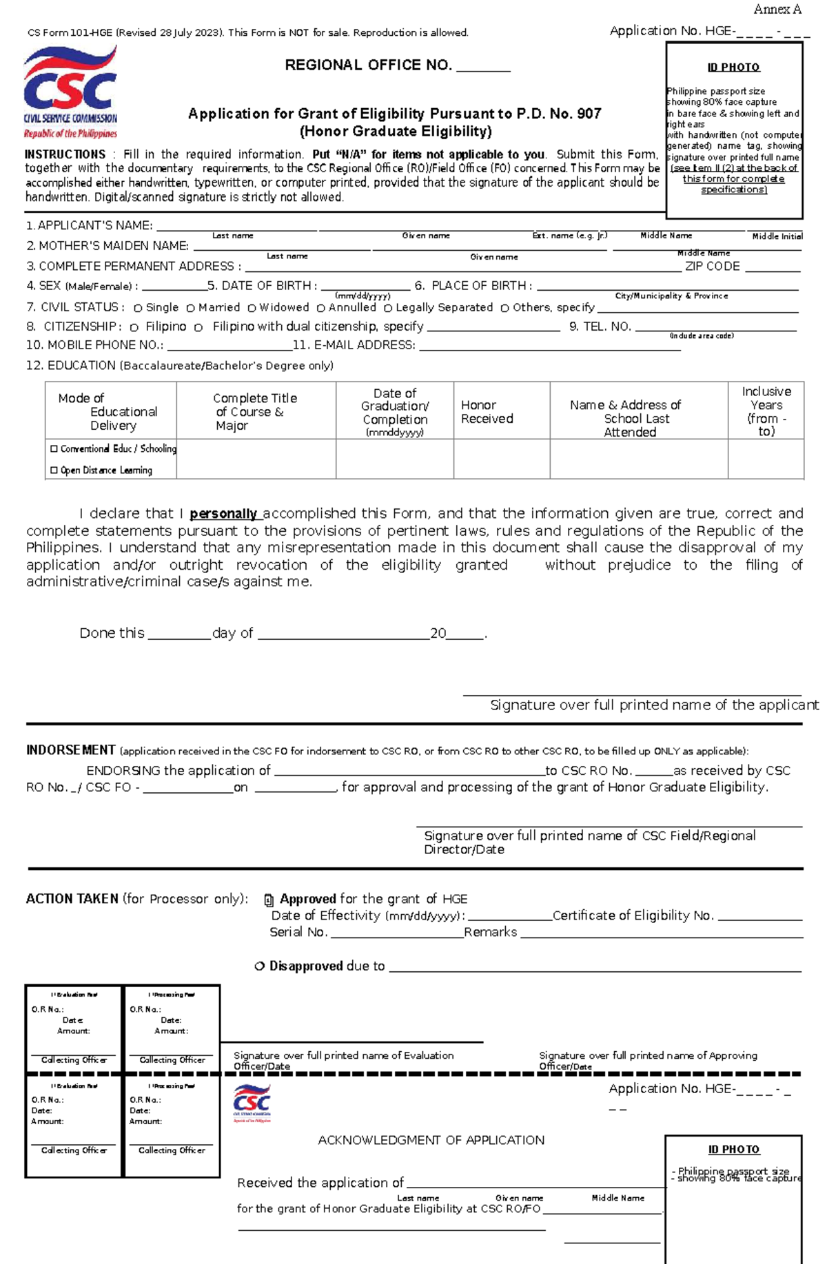 CS Form 101: Application for Honor Graduate Eligibility (Rev. 28 July ...