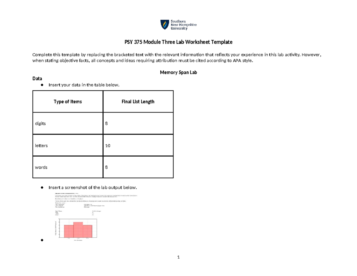 PSY 375 Module Three Lab Worksheet: Memory Span & Irrelevant Speech ...