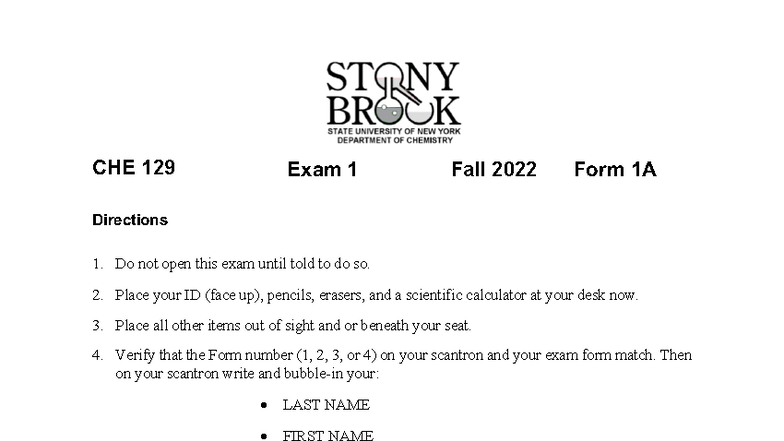 CHE 129 Fall 2022 Exam 1 Form 1A Instructions and Questions - Studocu