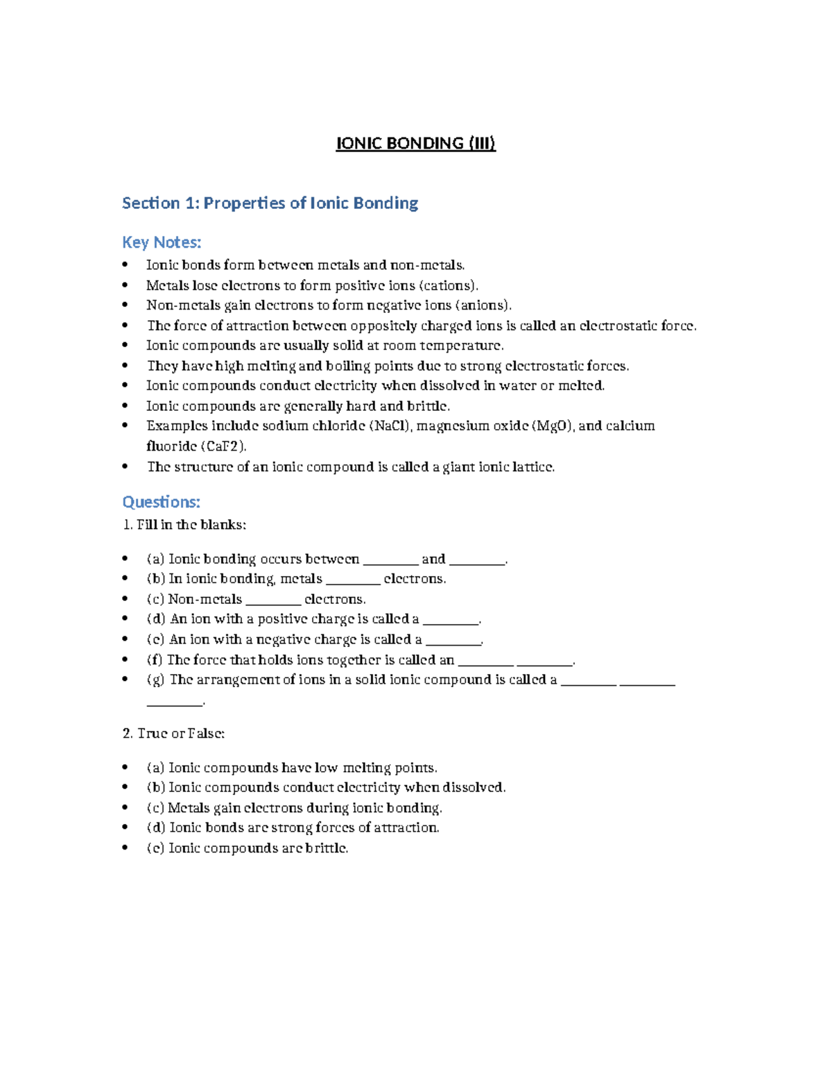 Ionic Bonding Notes Worksheet: Key Concepts and Practice Questions ...
