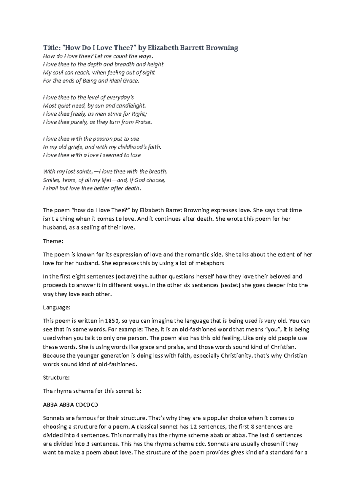 How Do I Love Thee? Analysis of Elizabeth Barrett Browning's Sonnet ...