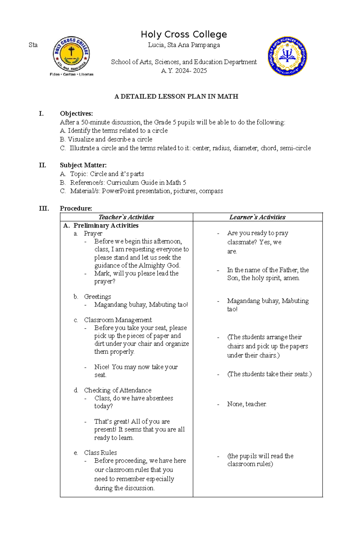 DLP in Math 5: Detailed Lesson Plan on Circles and Their Parts - Studocu