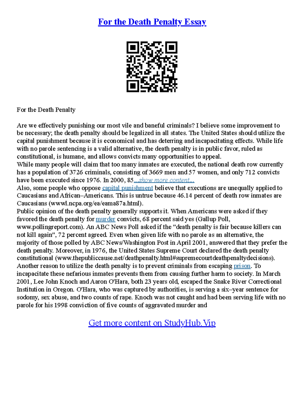 For The Death Penalty Essay - For the Death Penalty Essay For the Death ...