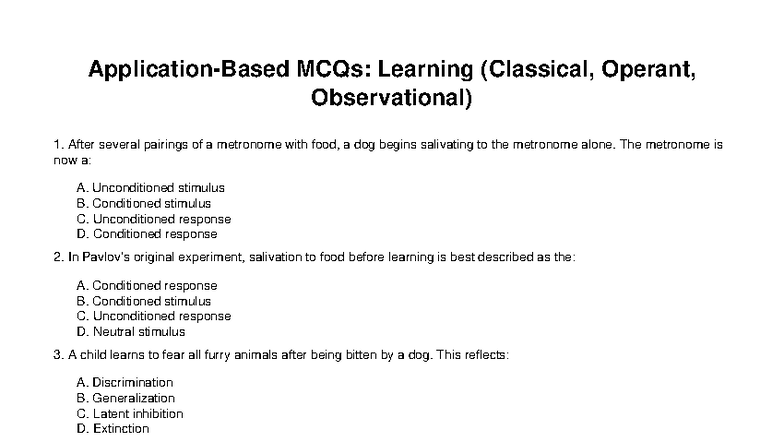 MCQs: Learning Theories (Classical, Operant, Observational) - Studocu