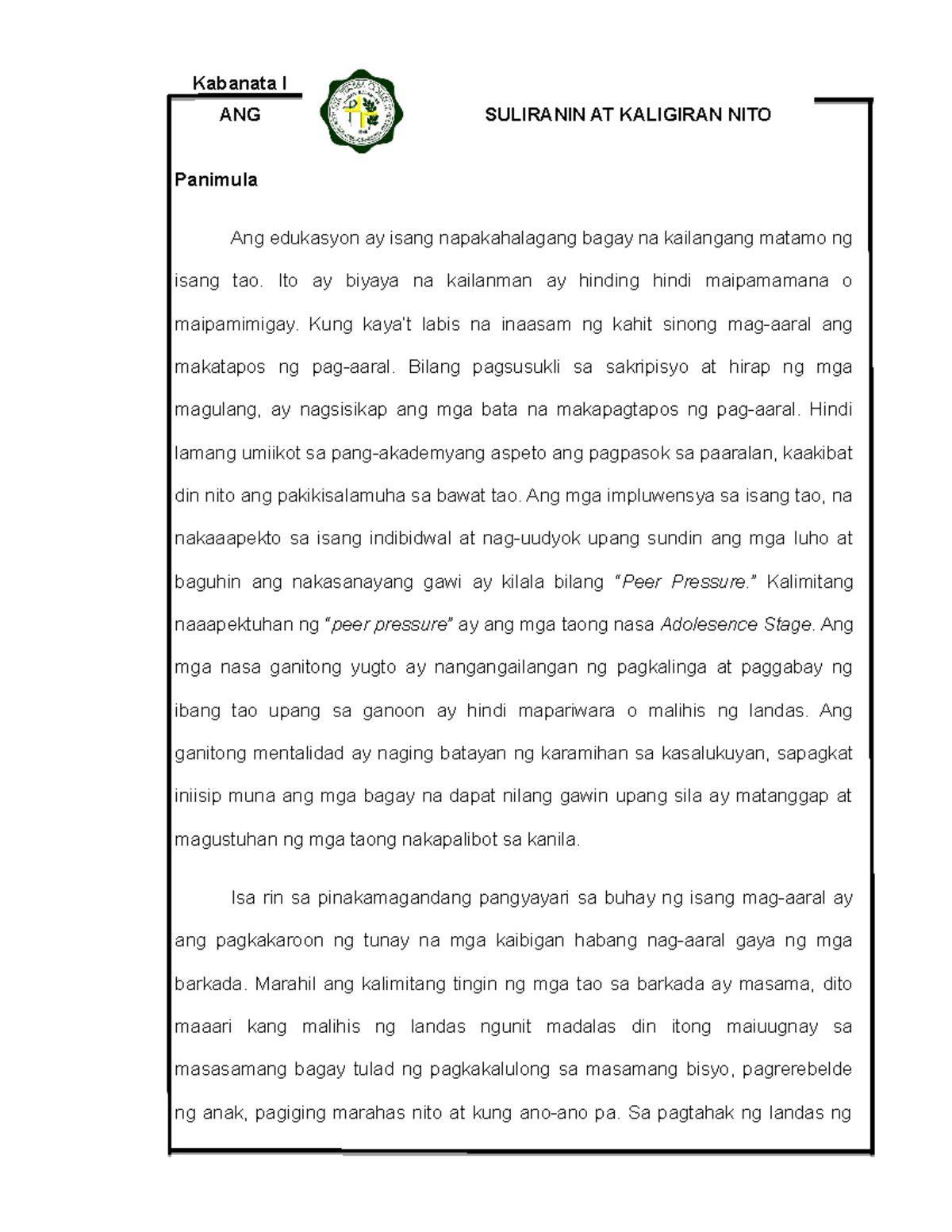 Kabanata 1: Epekto ng Peer Pressure sa Pag-aaral ng Mga Mag-aaral ng ...