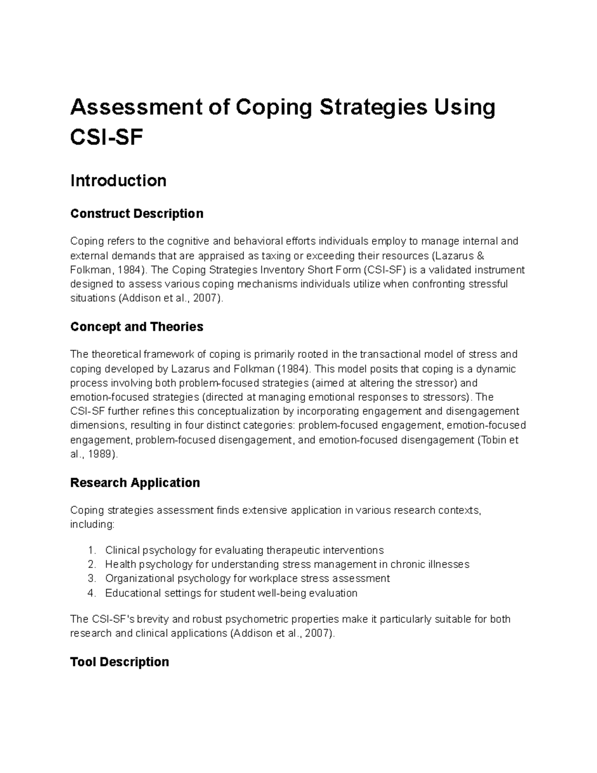Coping Strategies Inventory Short Form (CSI-SF) Assessment Insights - Studocu