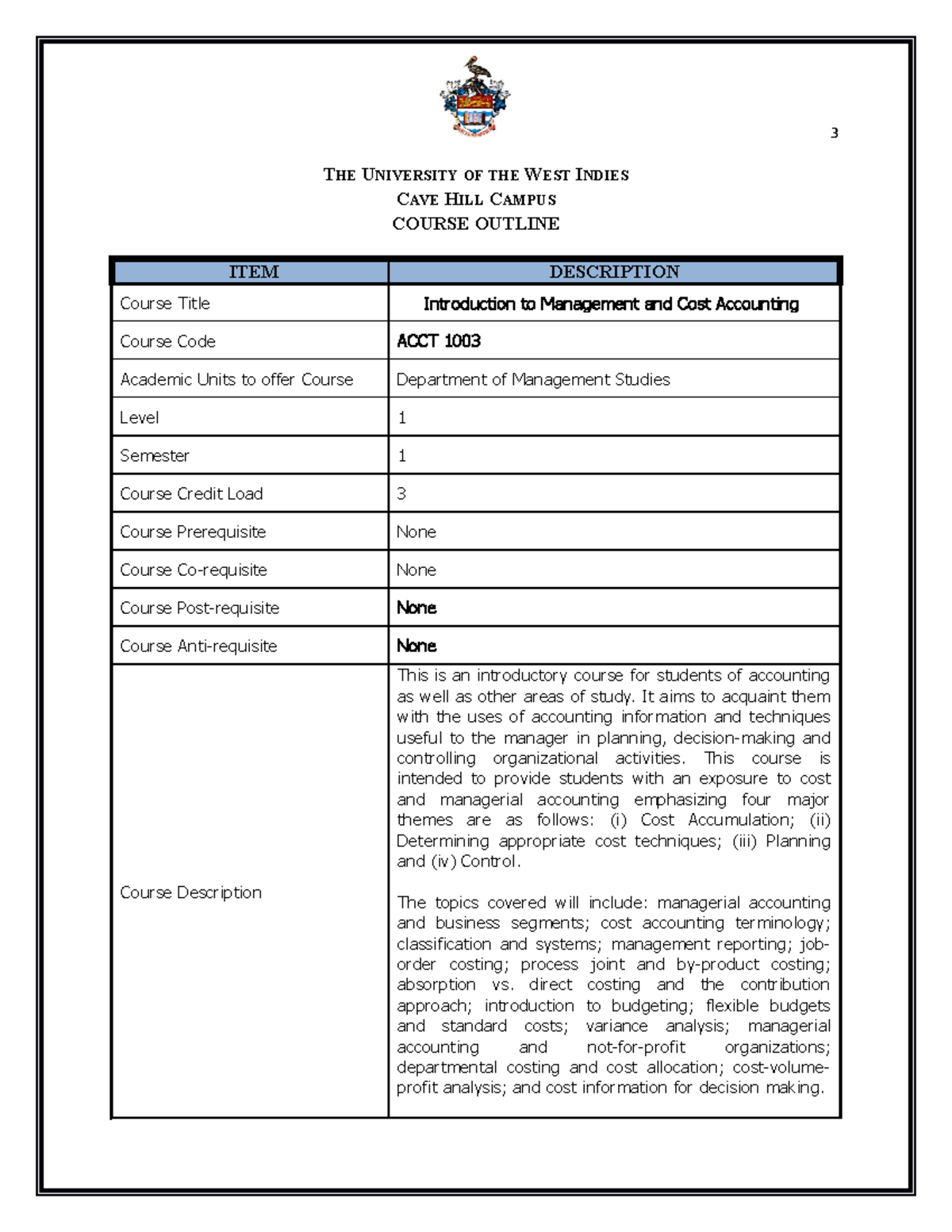 ACCT1003 - Course Outline for Management & Cost Accounting Sem 1 2018 ...