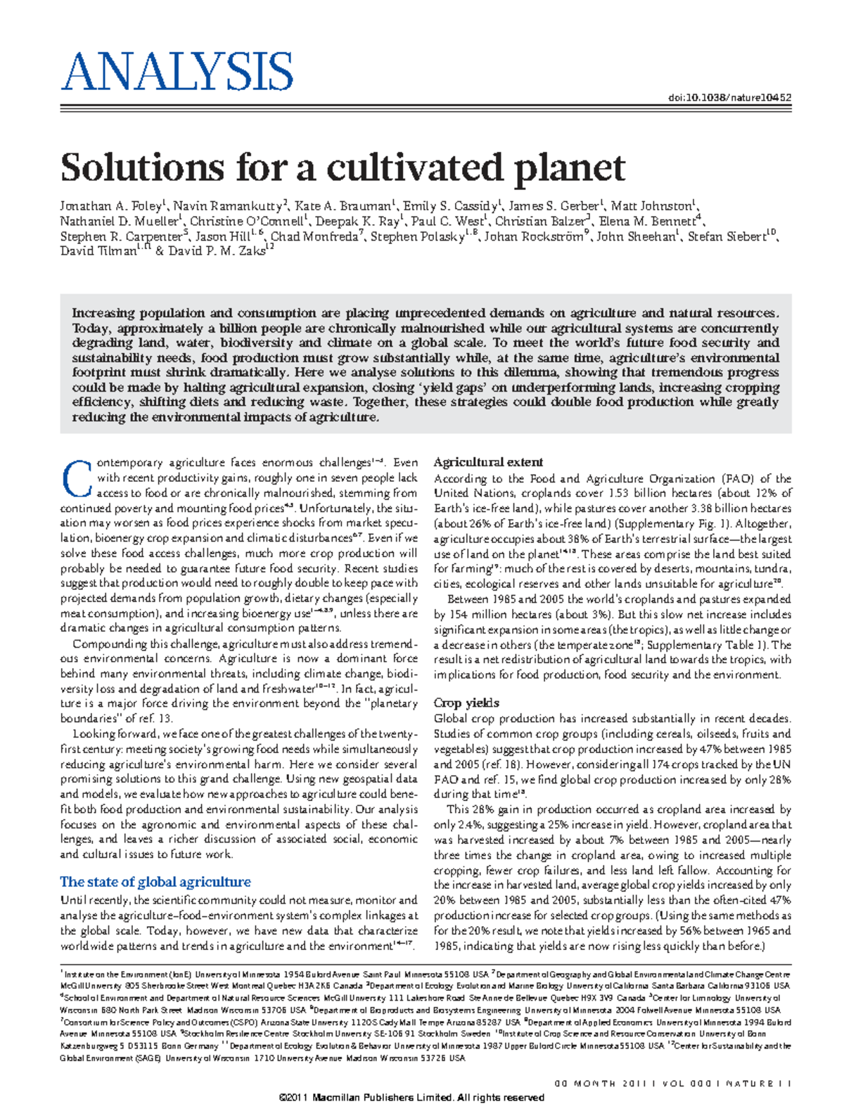 ANALYSIS Solutions for Sustainable Agriculture (NATURE 2011) - Studocu