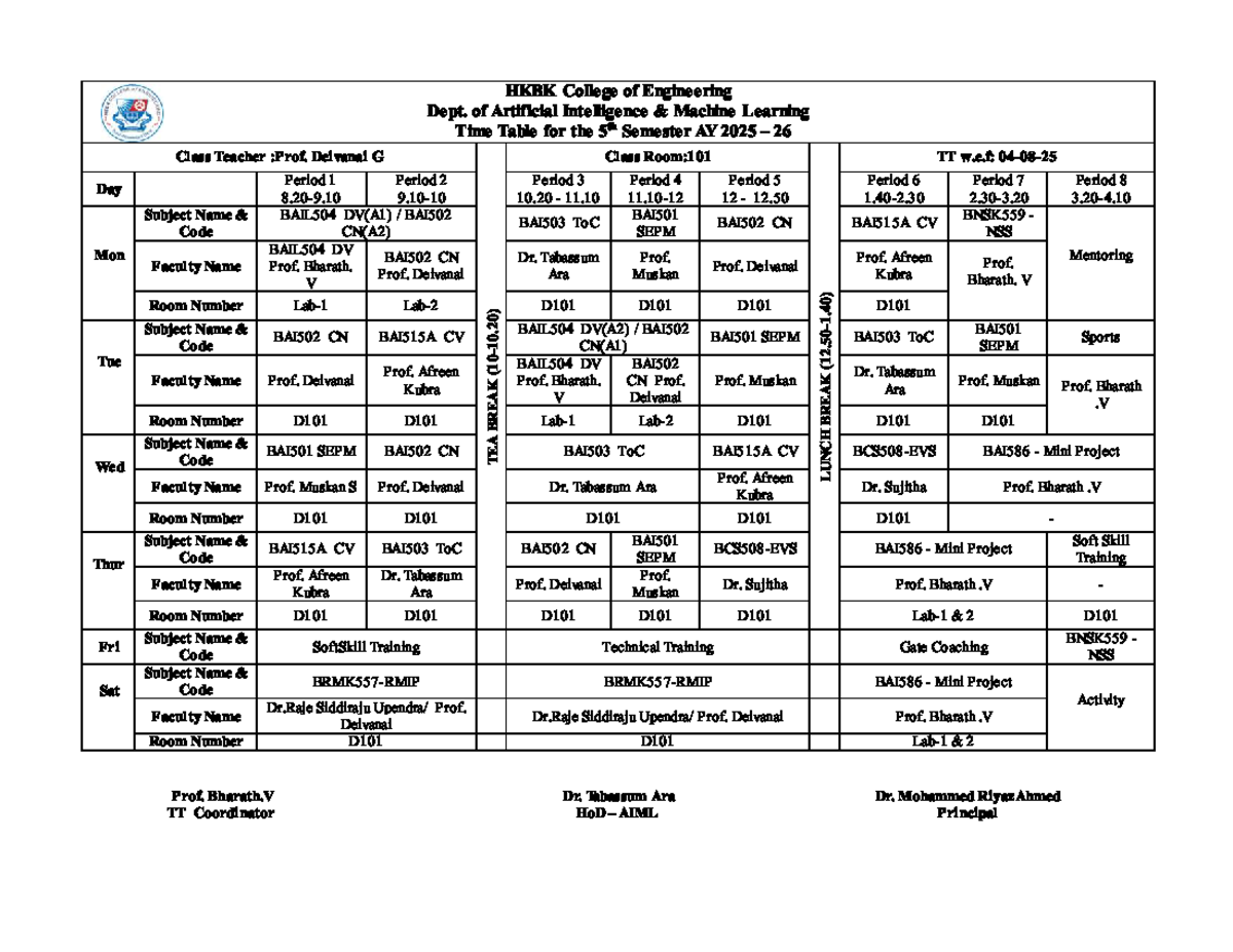 5th Sem Time Table Overview - Studocu