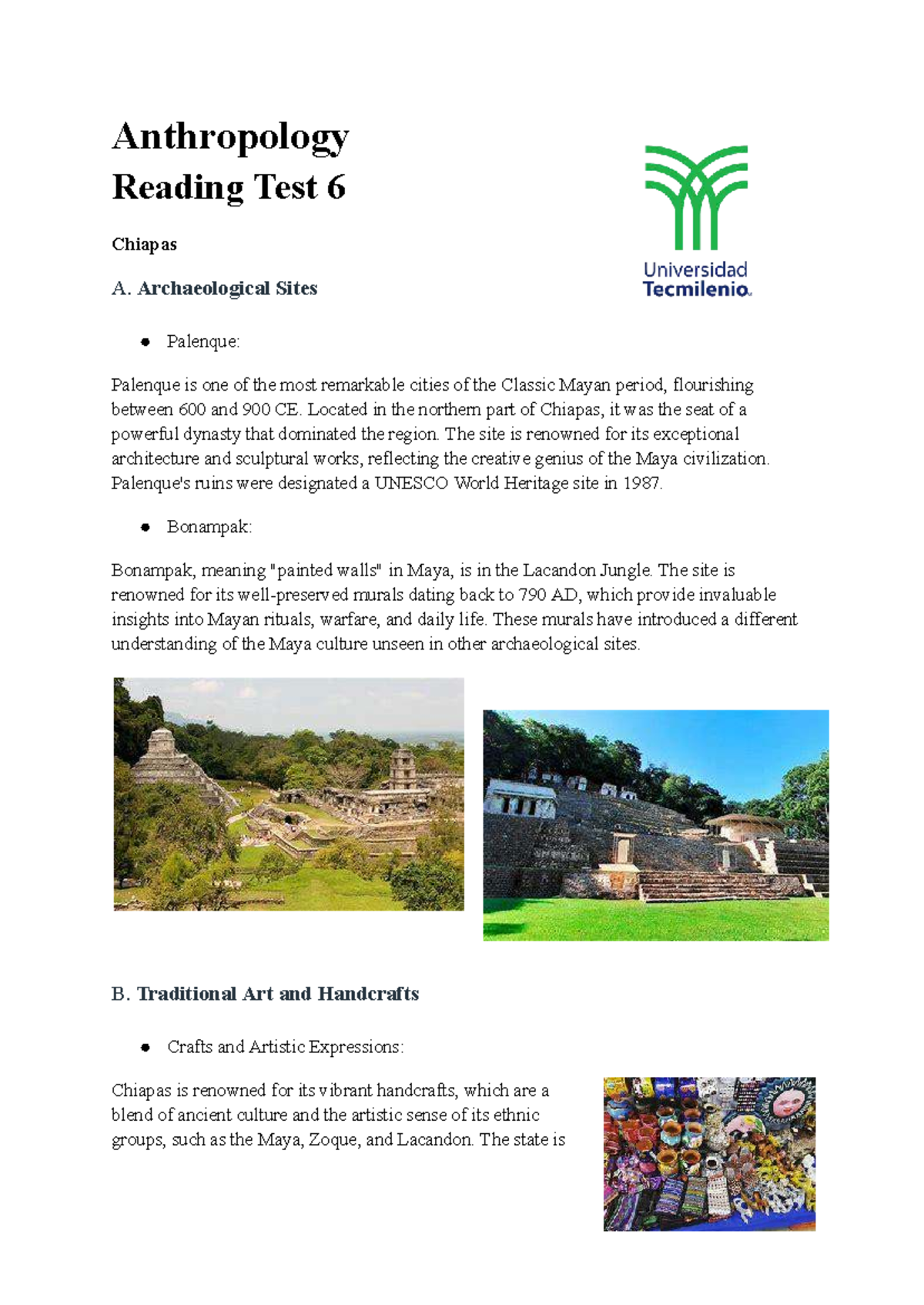 Anthropology Reading Test 6: Chiapas Archaeological Sites & Culture ...