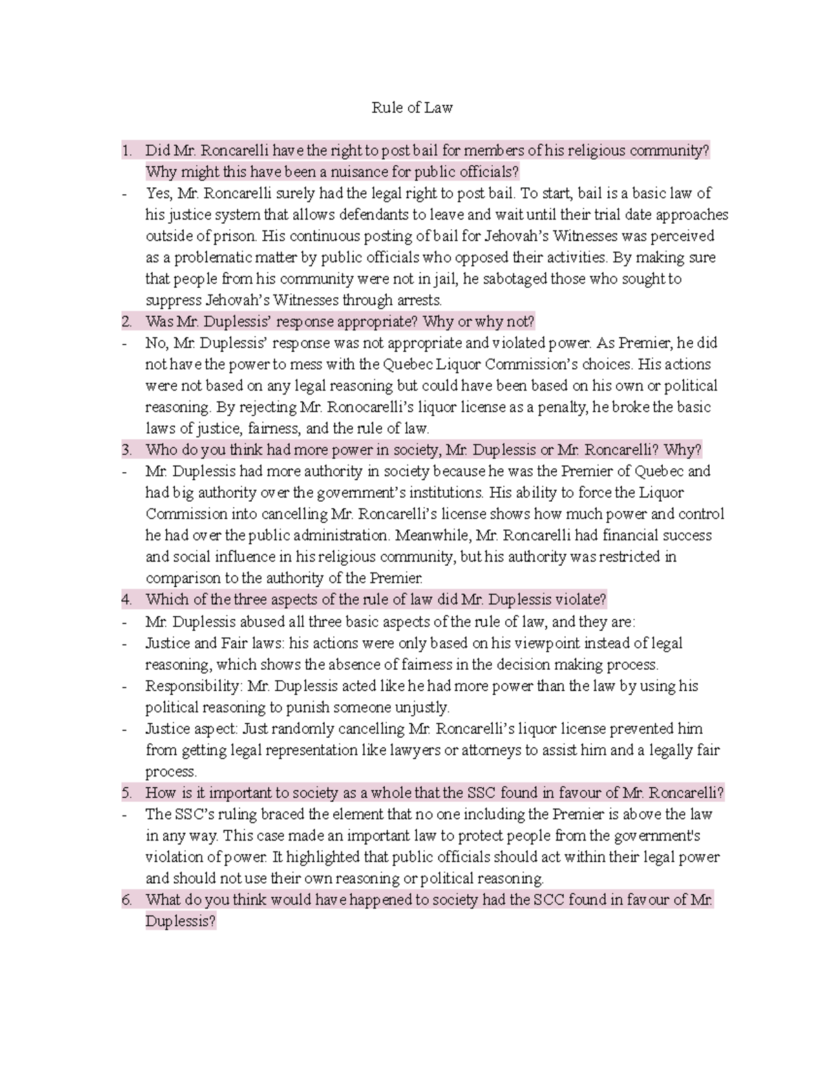 Rule of Law Analysis: Case of Roncarelli vs. Duplessis - Studocu