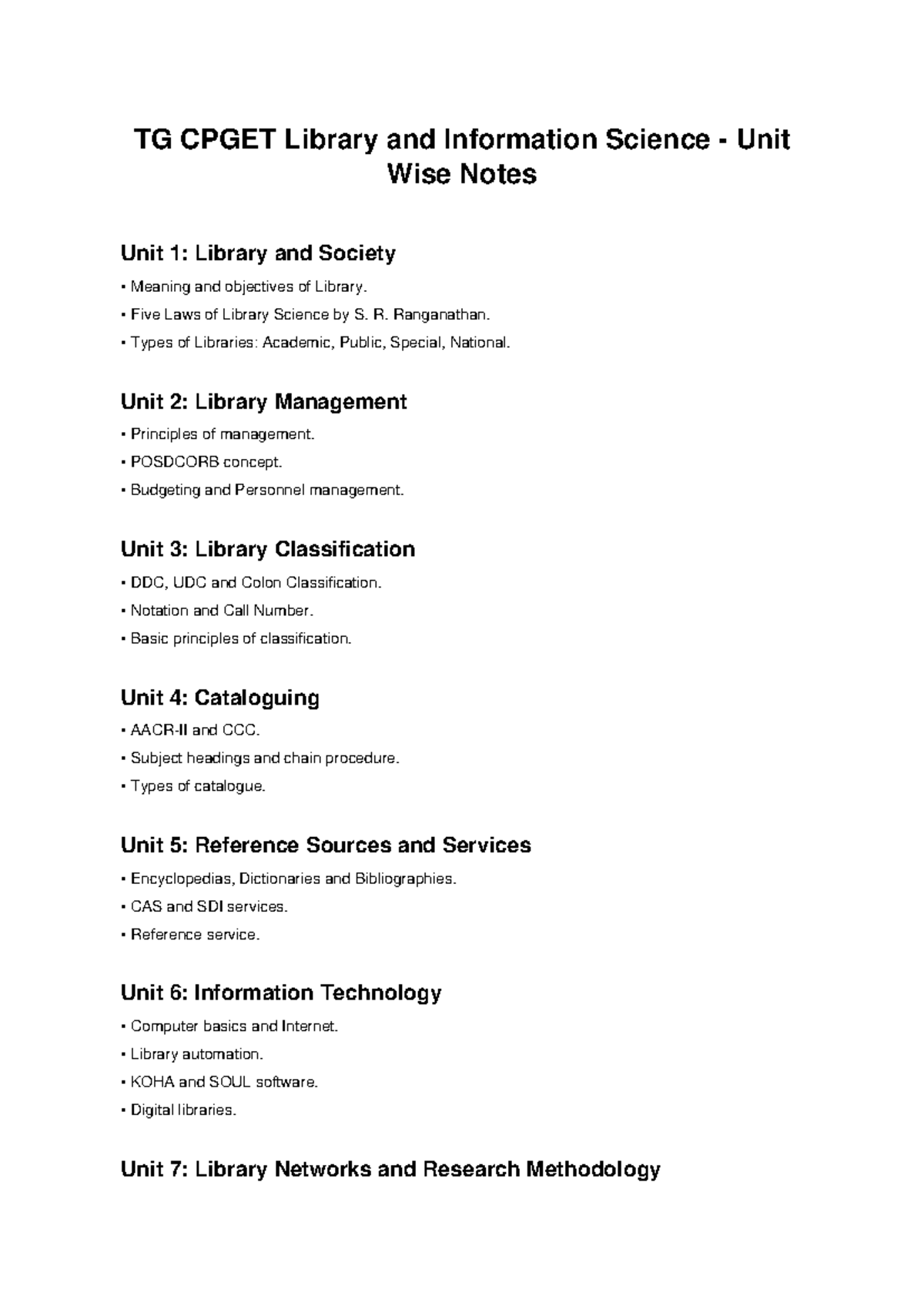 TG CPGET Library & Information Science Unit Wise Notes Overview - Studocu