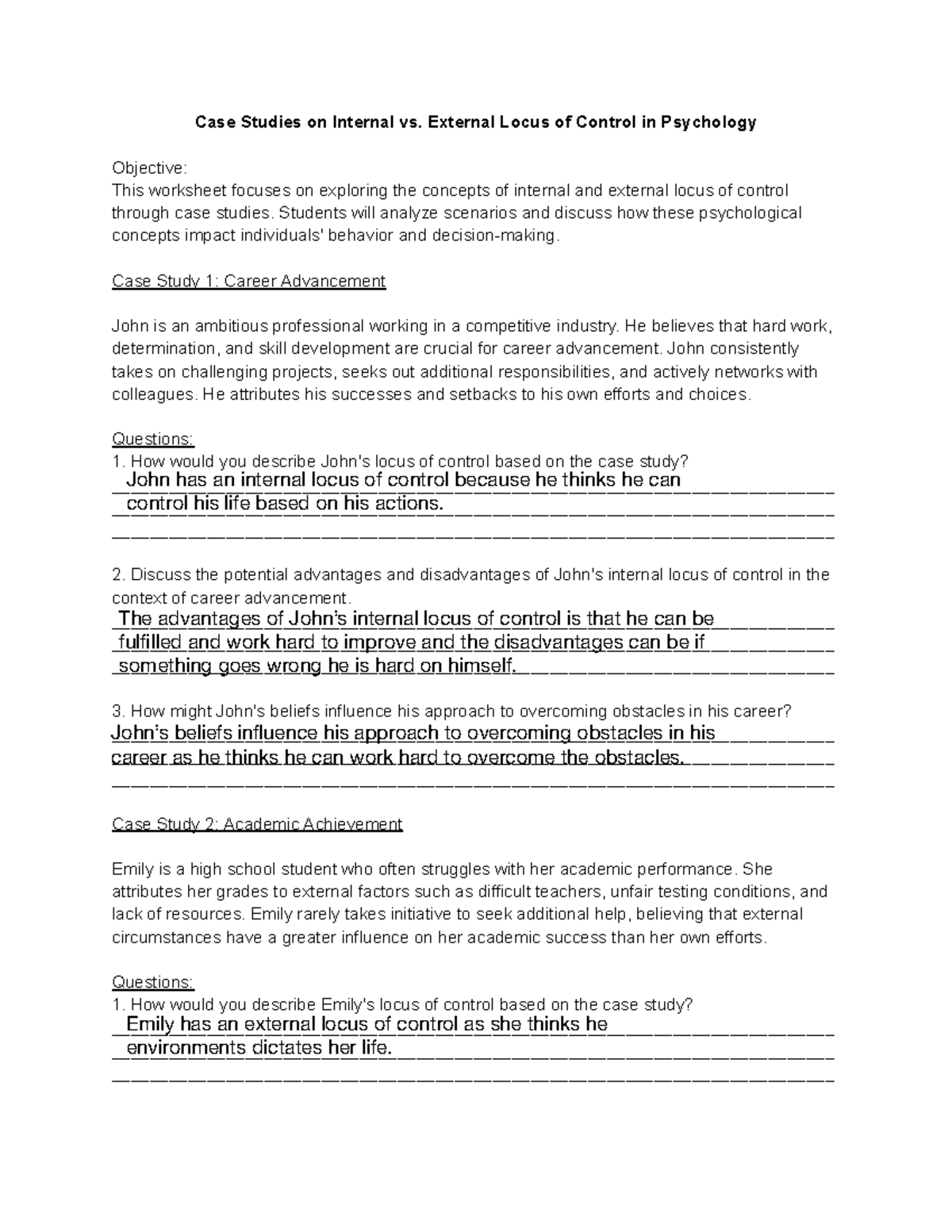 Psychology Case Studies: Exploring Internal vs. External Locus of ...
