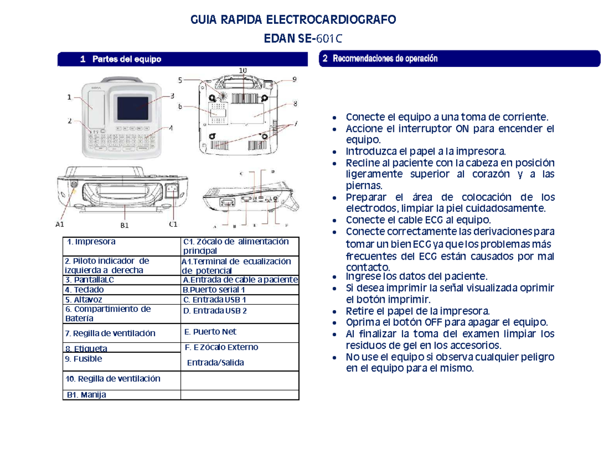 Guía Rápida para Uso del Electrocardiógrafo EDAN SE-3 - Studocu
